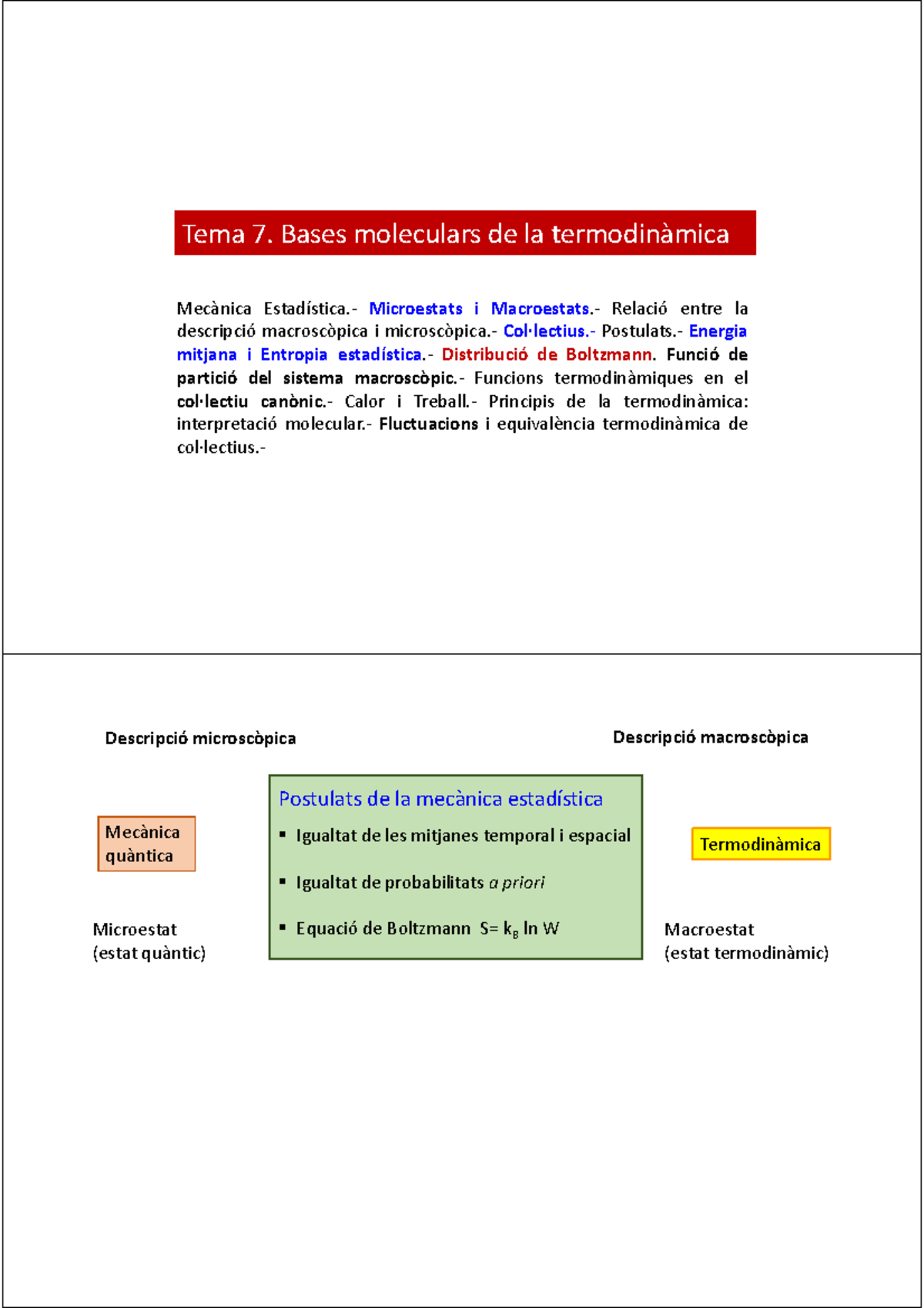 Resum-T7 - Warning: TT: undefined function: 32 Tema 7. Bases moleculars de la termodinàmica ...