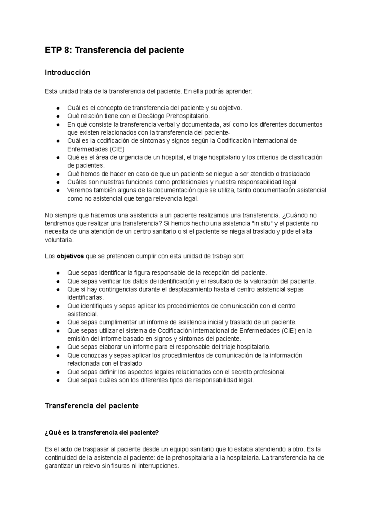 ETP Tema 8 - transferencia del paciente - ETP 8: Transferencia del paciente Introducción Esta ...