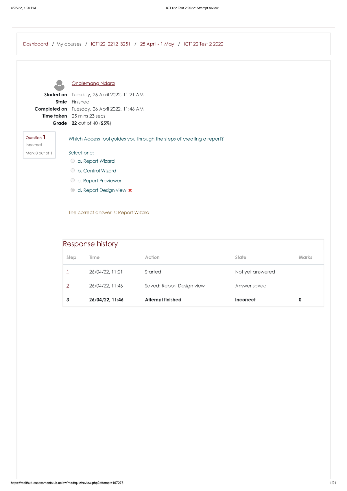 4 - REVISION - Dashboard / My courses / ICT122_2212_3251 / 25 April - 1 ...