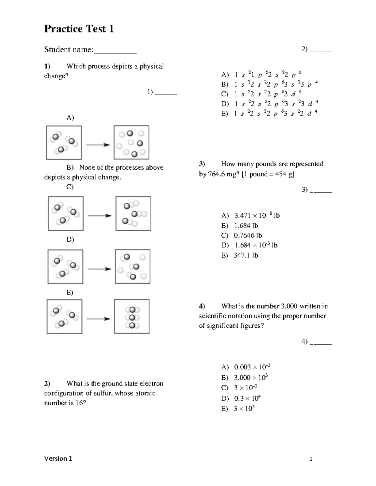 Practice Test 1: Physical Changes Atomic Structure Ionic Compounds ...