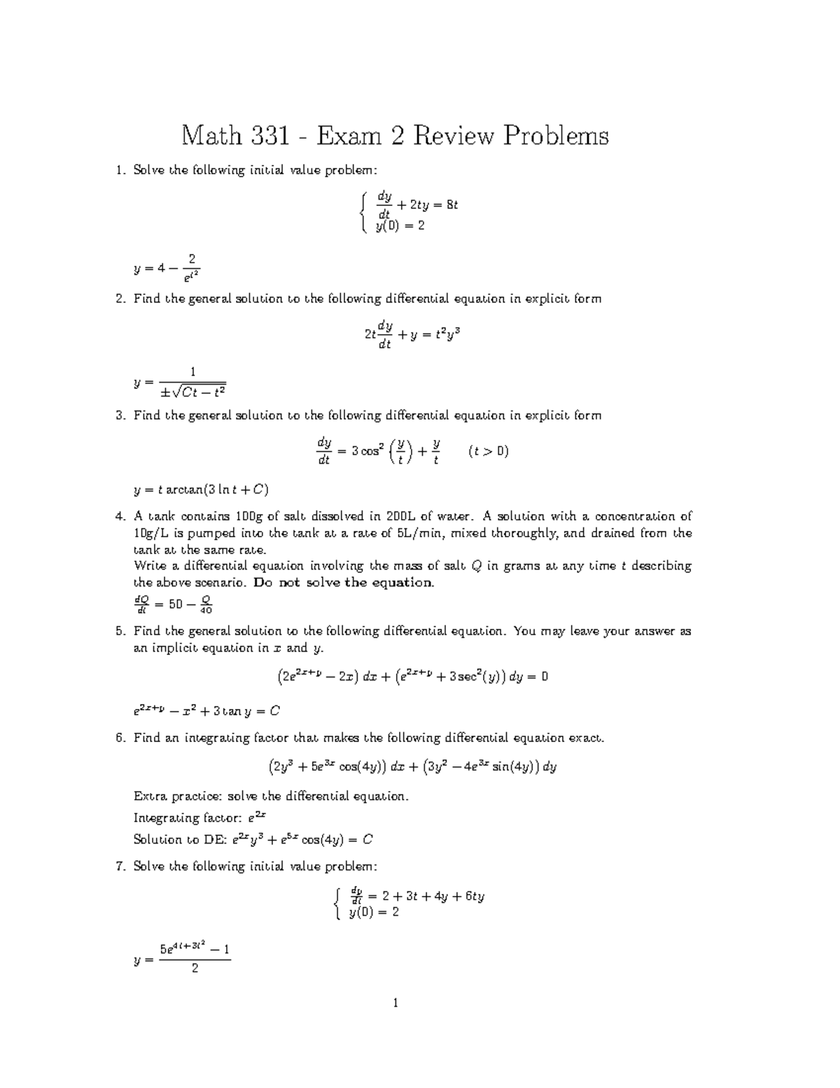Exam 2 Review Questions with Answers - Math 331 - Exam 2 Review ...