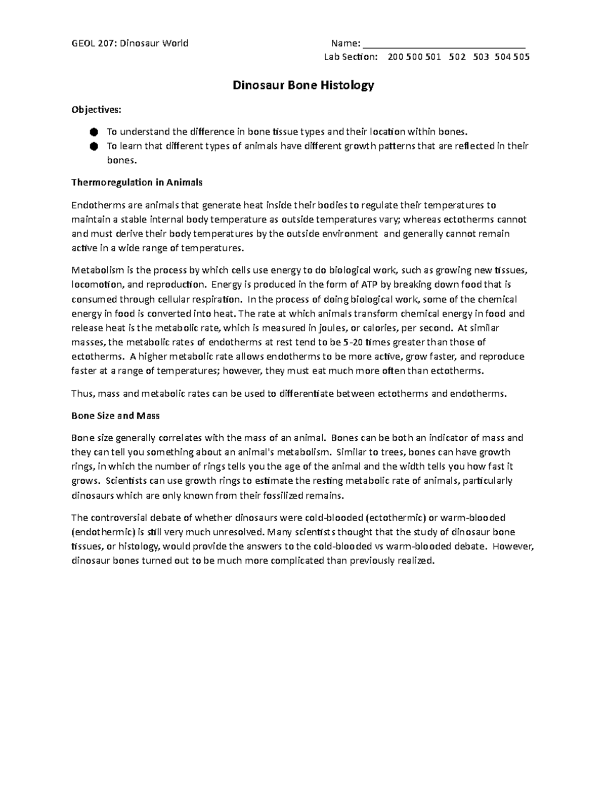 F21 Dinosaur Bone Histology Handout - Lab Section: 200 500 501 502 503 ...