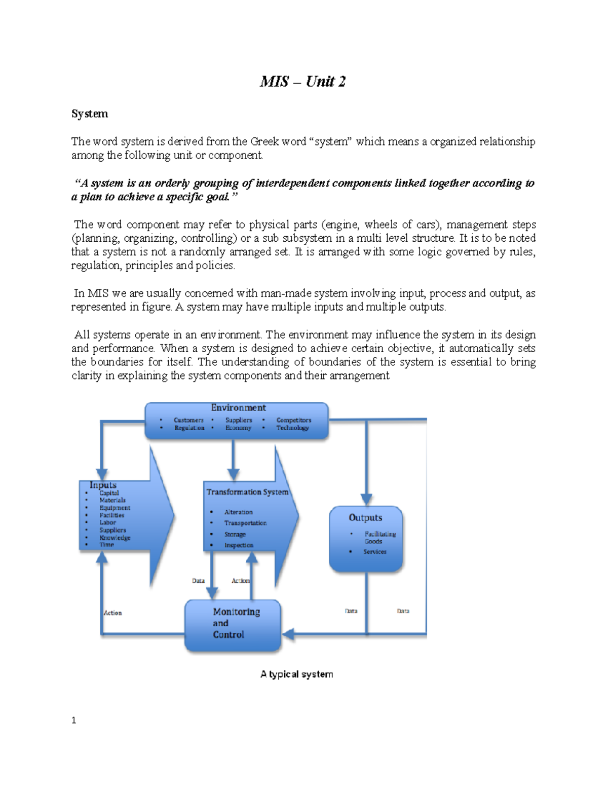 125 UNIT 2 - Ms.Sakshi - MIS – Unit 2 System The word system is derived ...
