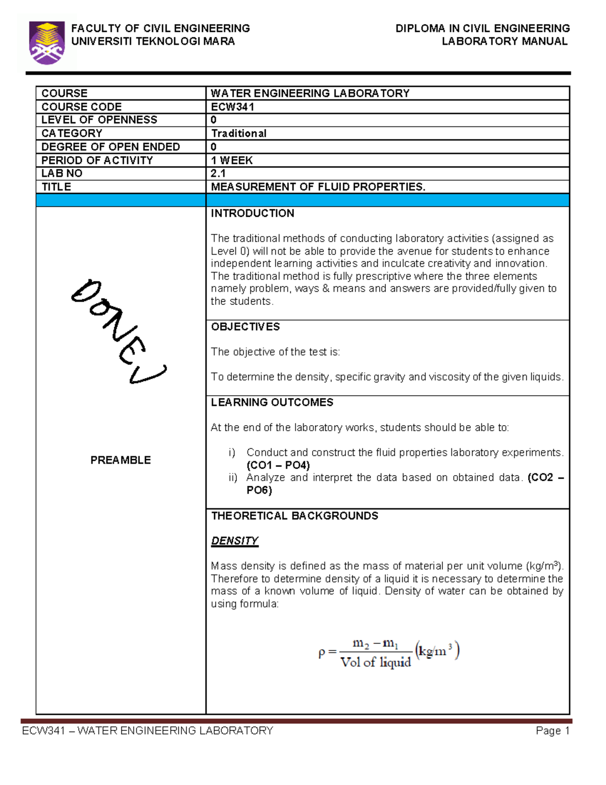 2.1 LAB Water eng - UNIVERSITI TEKNOLOGI MARA LABORATORY MANUAL COURSE ...
