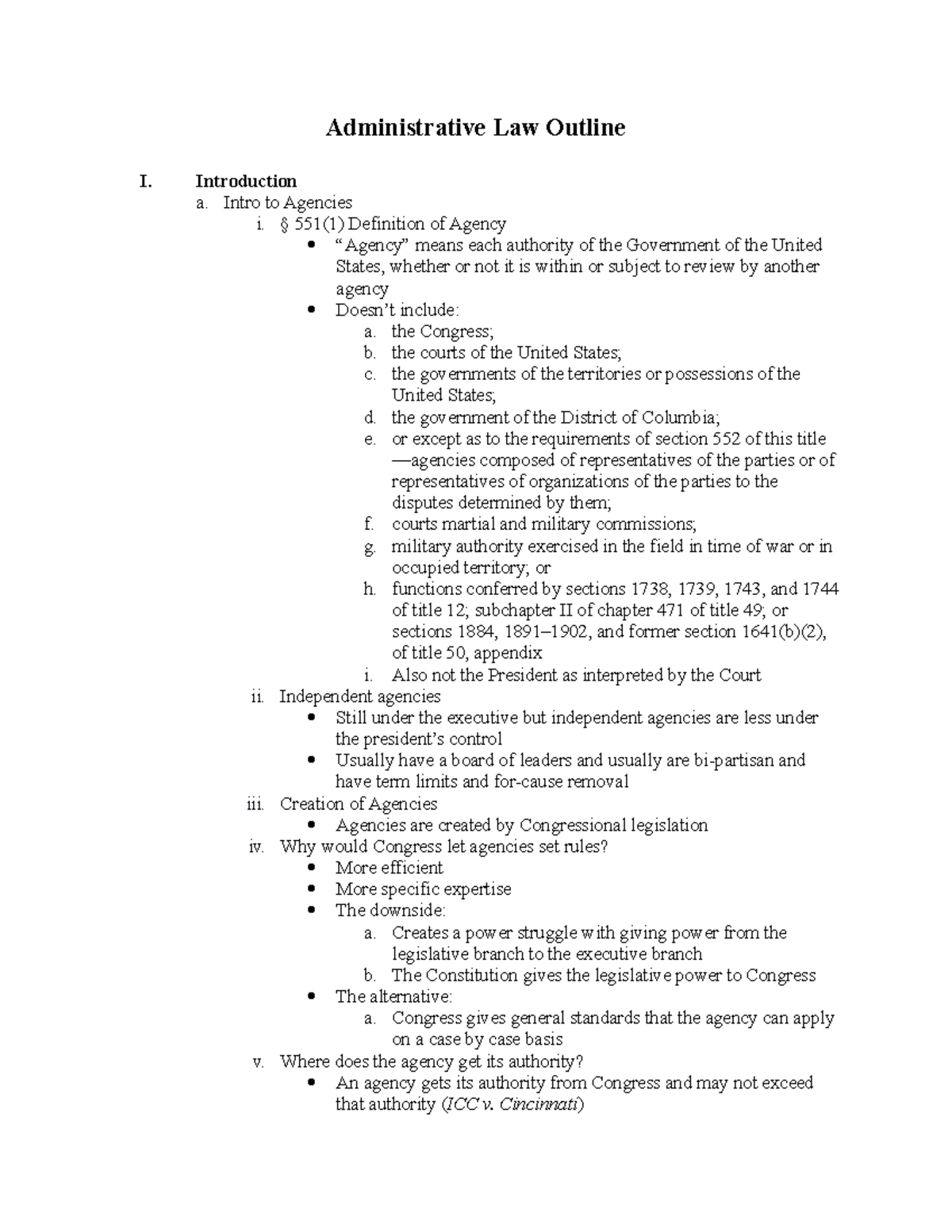 Administrative Law Outline - Introduction a. Intro to Agencies i. § 551 ...