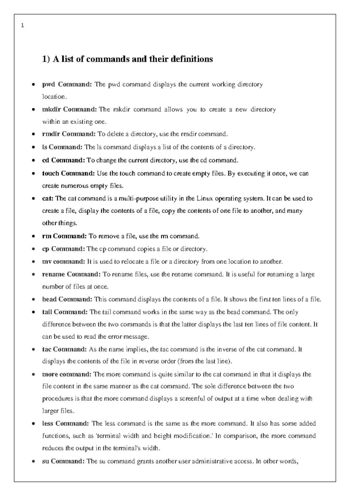 Pca1 Operating Systems Lab 29 1 A List Of Commands And Their Definitions Pwd Command The Pwd