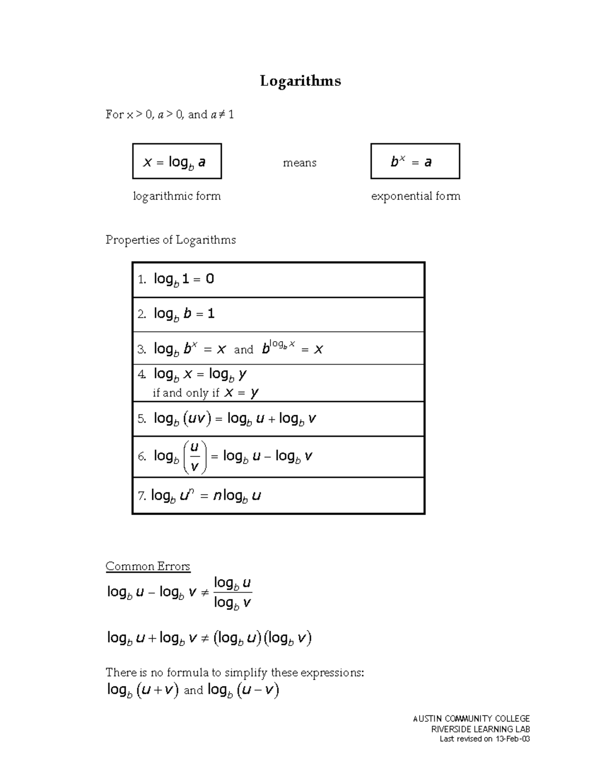 Logarithms - Practice materials for general math - AUSTIN COMMUNITY ...