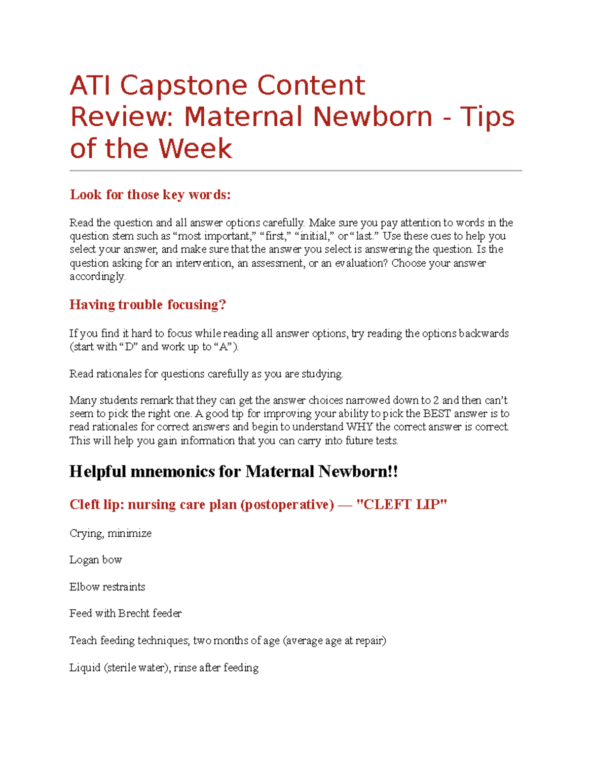 ATI Capstone Maternity - ATI Capstone Content Review: Maternal Newborn ...
