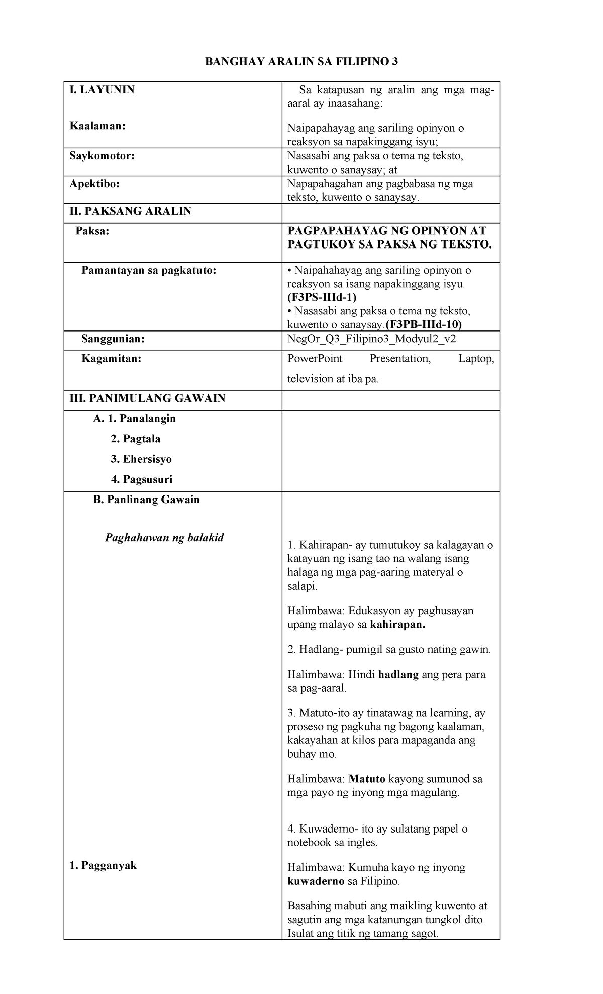 Banghay Aralin SA Filipino 3 - BANGHAY ARALIN SA FILIPINO 3 I. LAYUNIN ...