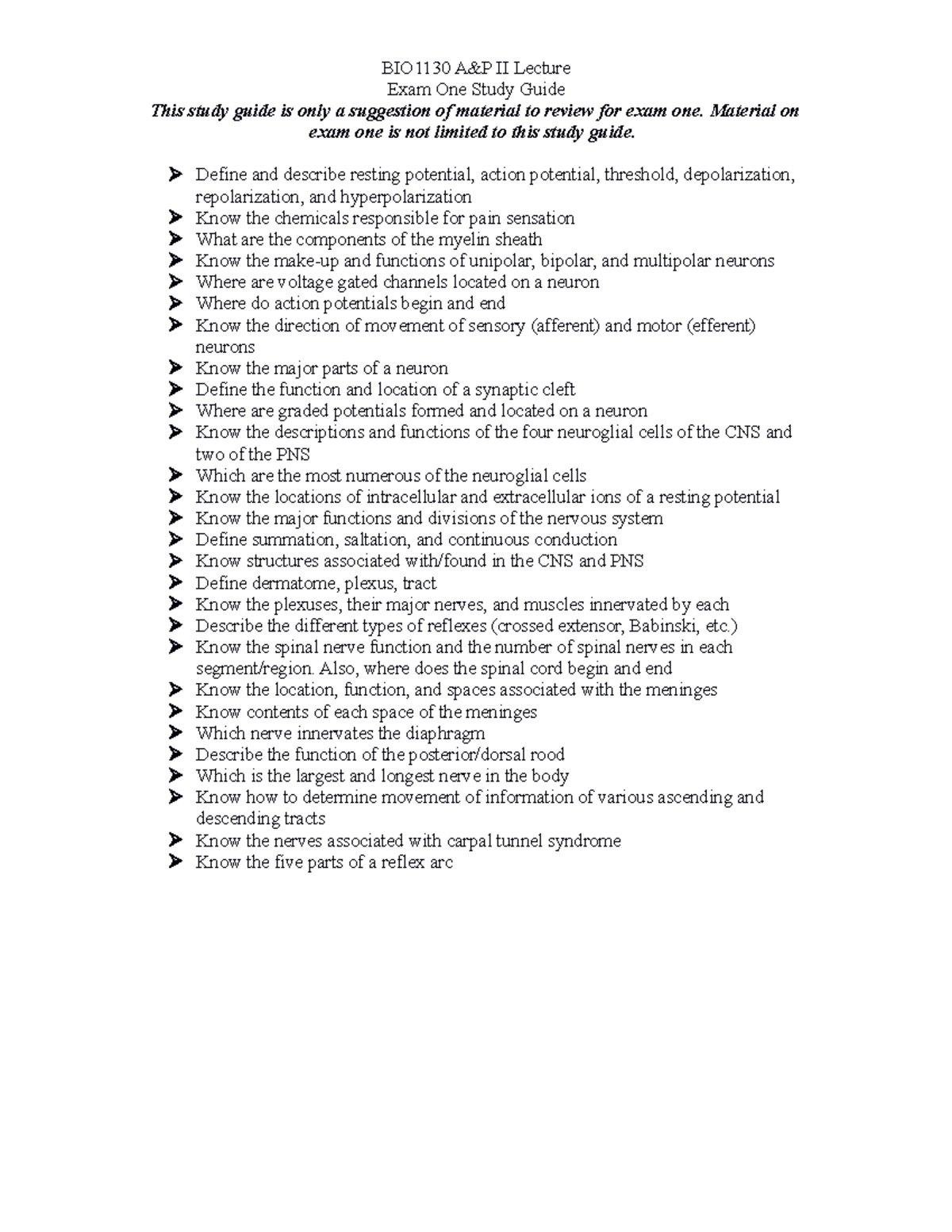 BIO 1130 Blueprint Exam 1 study guide - BIO1130 A&P II Lecture Exam One ...