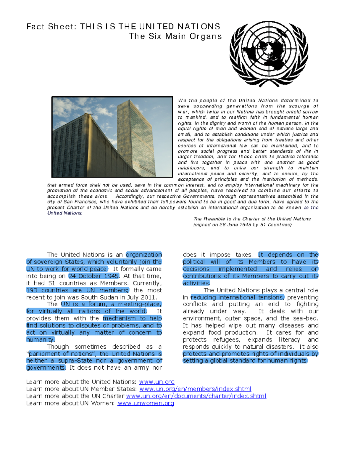 UN and its Organs - UN NOTES - Fa ct Sh e e t : TH I S I S TH E UN I ...