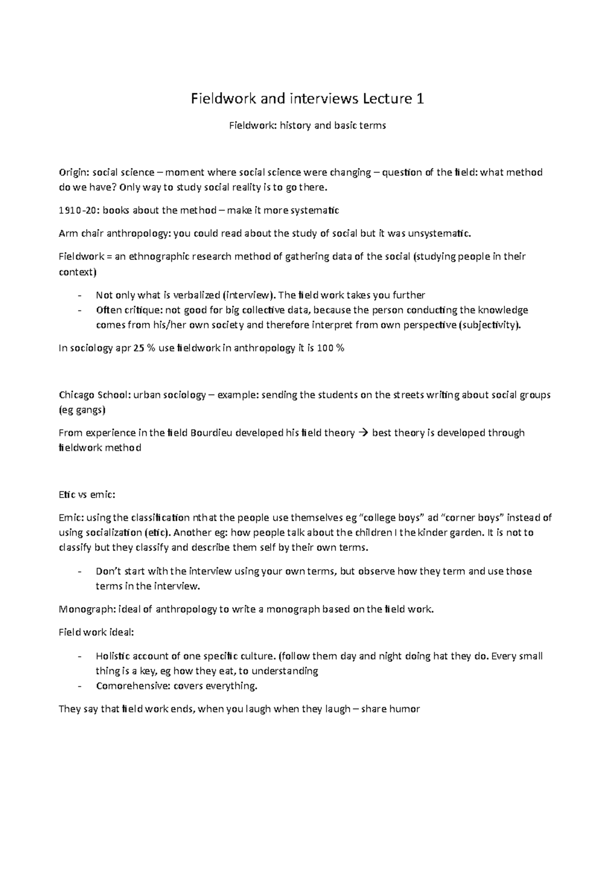 introduction to field work - Fieldwork and interviews Lecture 1 ...