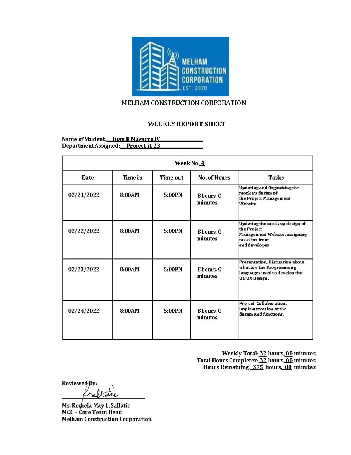 Week 4 - OJT TASKS - MELHAM CONSTRUCTION CORPORATION WEEKLY REPORT ...