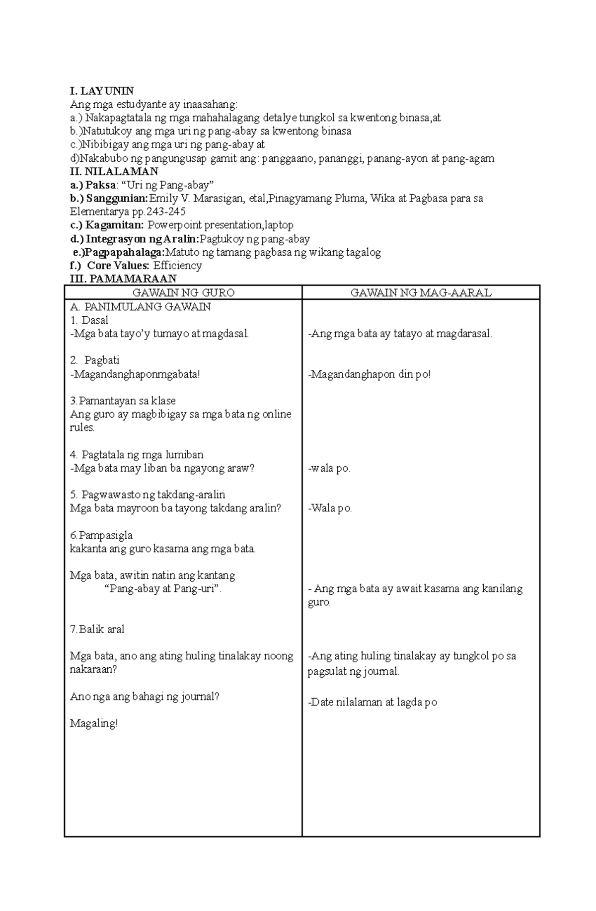 Lesson plan filipino demo - I. LAYUNIN Ang mga estudyante ay inaasahang ...