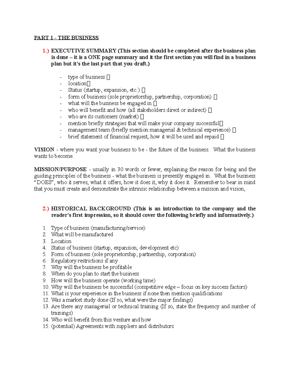 Business PLAN Elements - PART 1 - THE BUSINESS 1.) EXECUTIVE SUMMARY ...