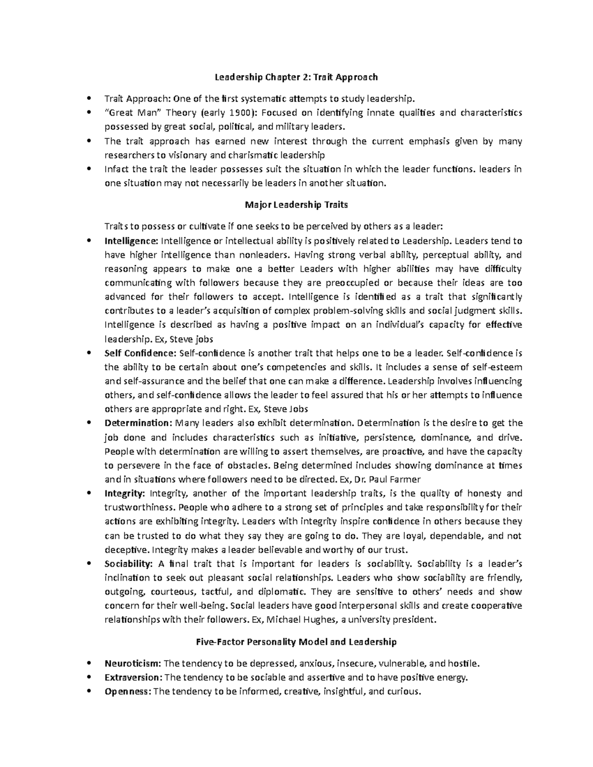 Chapter 2 Trait Approach Full Note Leadership - LEAD 2010 - U of M ...