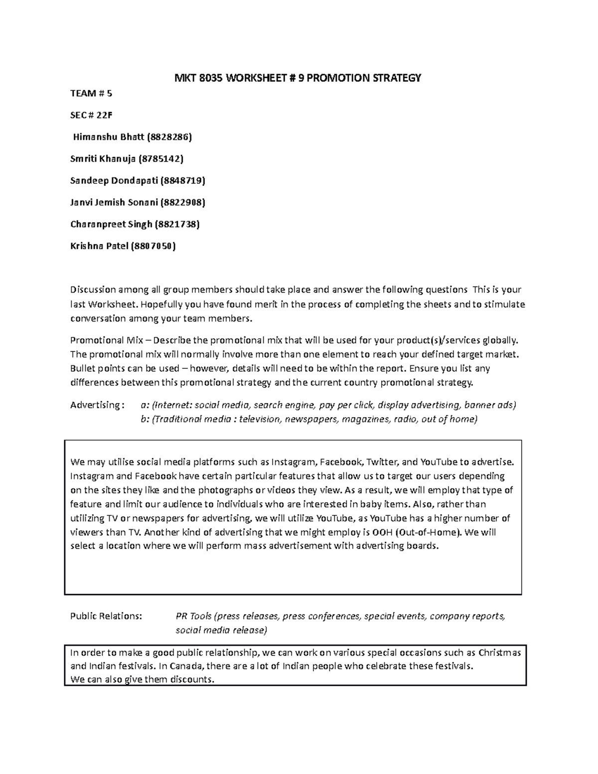 9- Promotion Strategy - MKT 8035 WORKSHEET # 9 PROMOTION STRATEGY TEAM ...