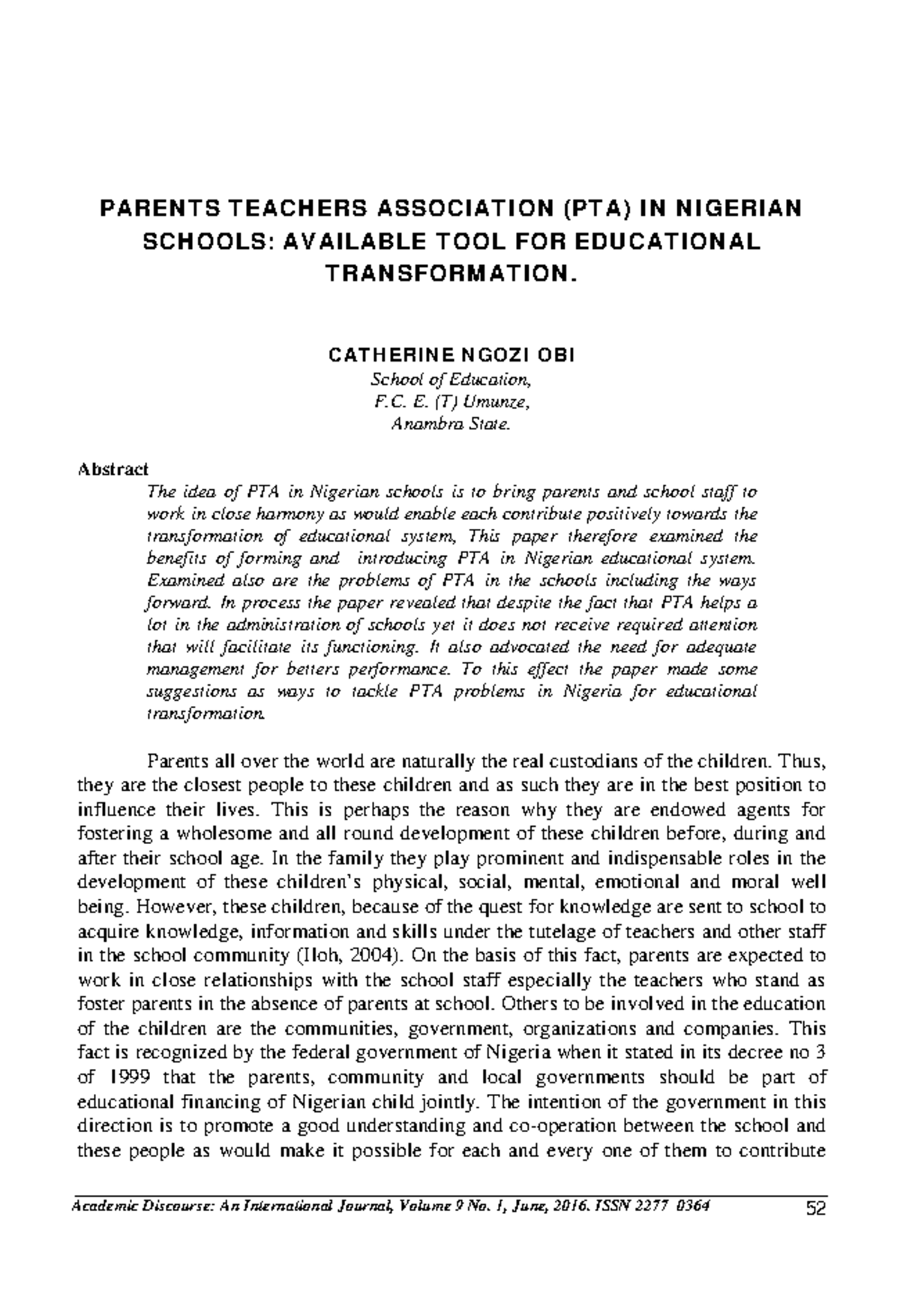 Catherine Ngozi OBI - notes - PARENTS TEACHERS ASSOCIATION (PTA) IN ...