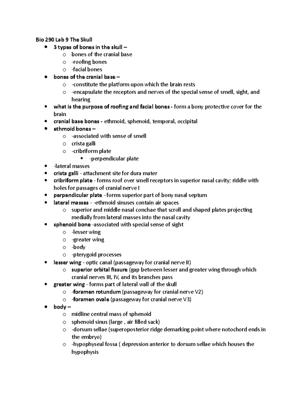 Bio 290 Lab 9 The Skull - dr. gobetz - Bio 290 Lab 9 The Skull 3 types ...