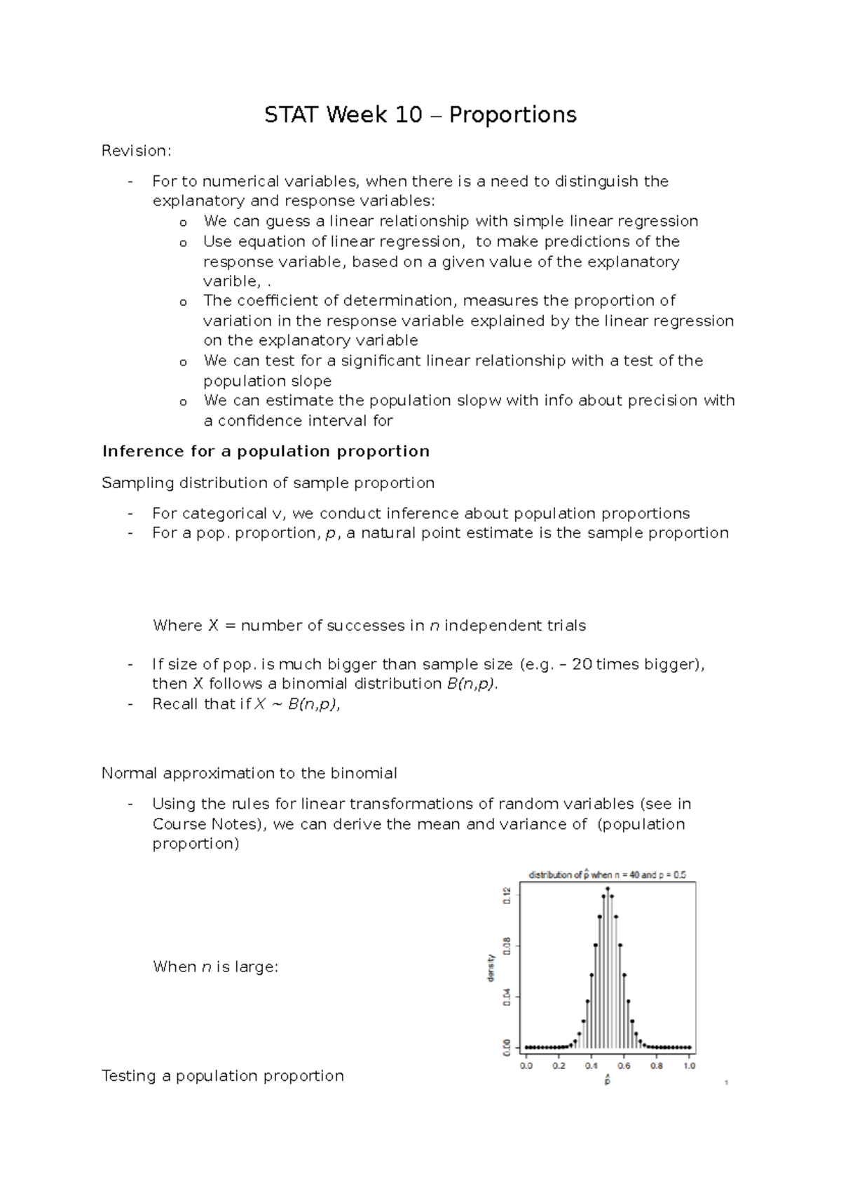 STAT Week 10 - week 10 - STAT Week 10 – Proportions Revision: For to numerical variables, when ...