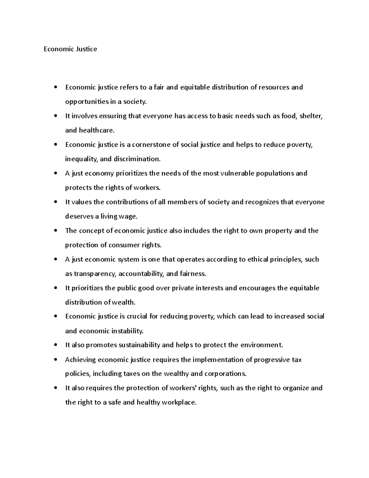Economic Justice notes - Economic Justice Economic justice refers to a ...