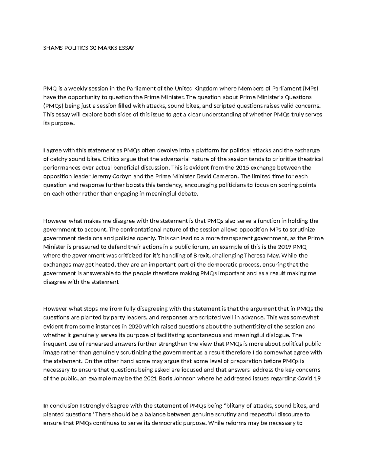 Document - Bsjs - SHAMS POLITICS 30 MARKS ESSAY PMQ is a weekly session ...