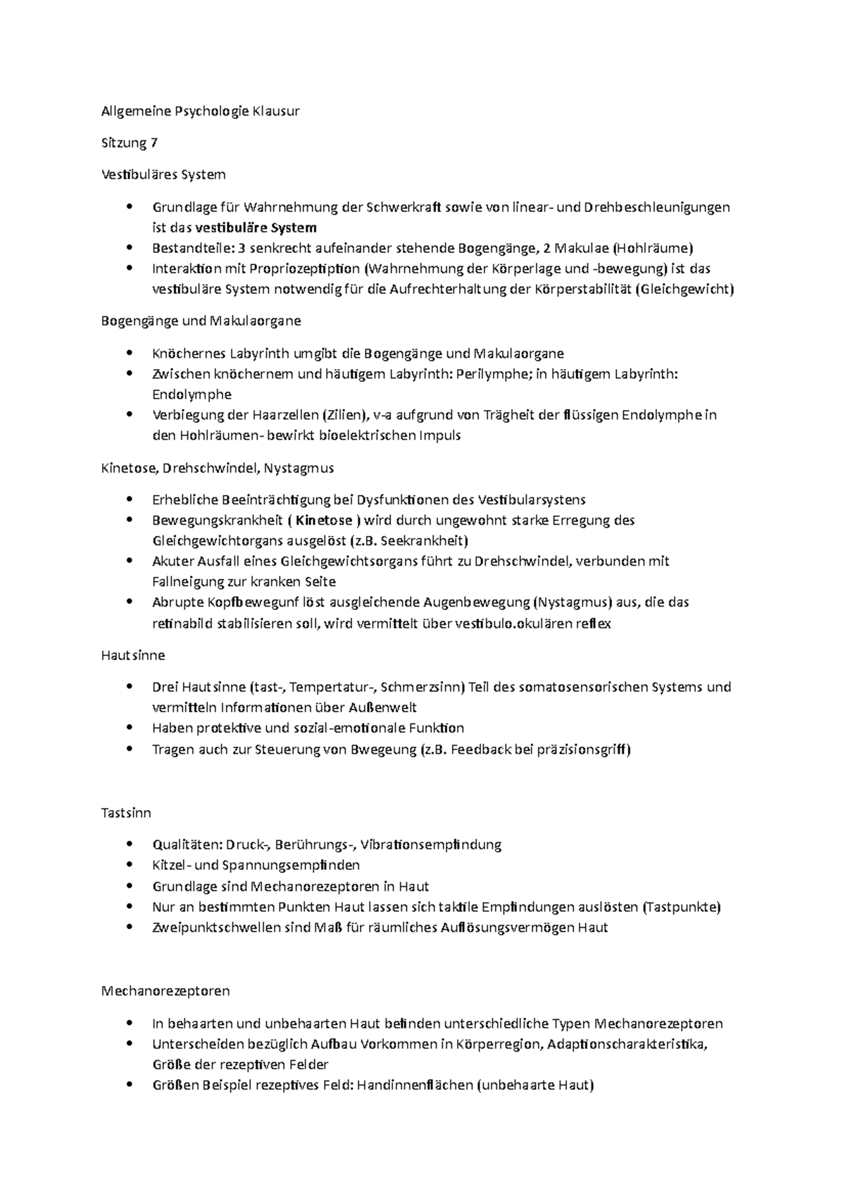 Allgemeine Psychologie Klausur s7 - Allgemeine Psychologie Klausur Sitzung 7 Vestibuläres System ...