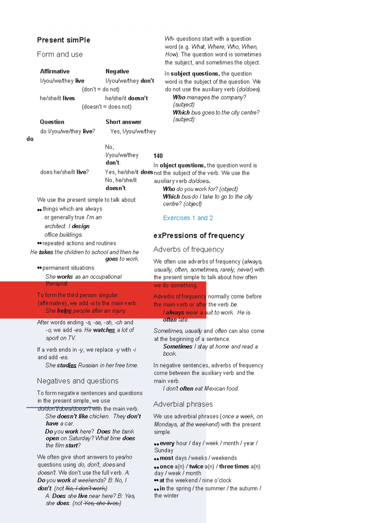 Grammar summary Unit 1 1 - Grammar summary | UNIT 1 Present simPle Form ...