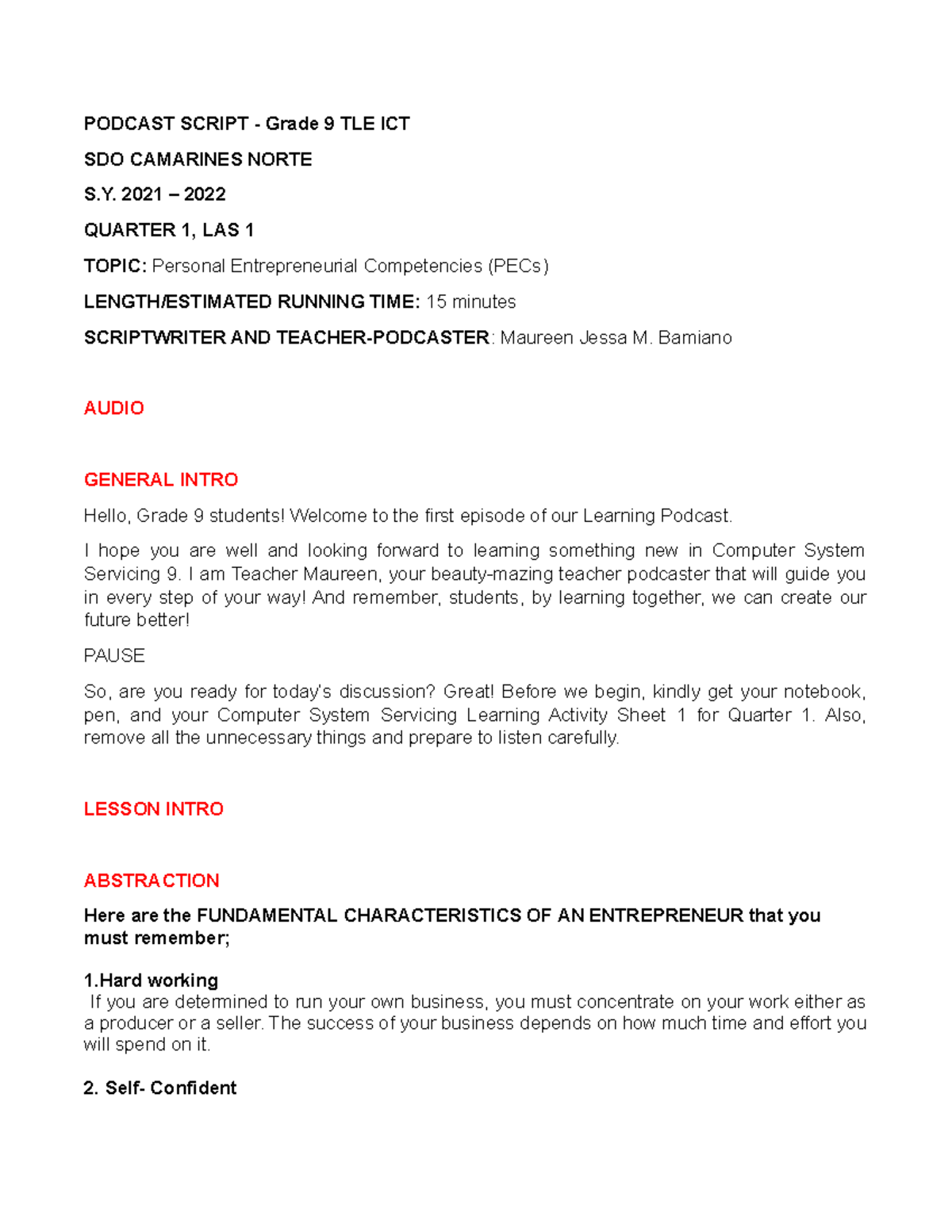 Podcast Script 1 - yea - PODCAST SCRIPT - Grade 9 TLE ICT SDO CAMARINES ...