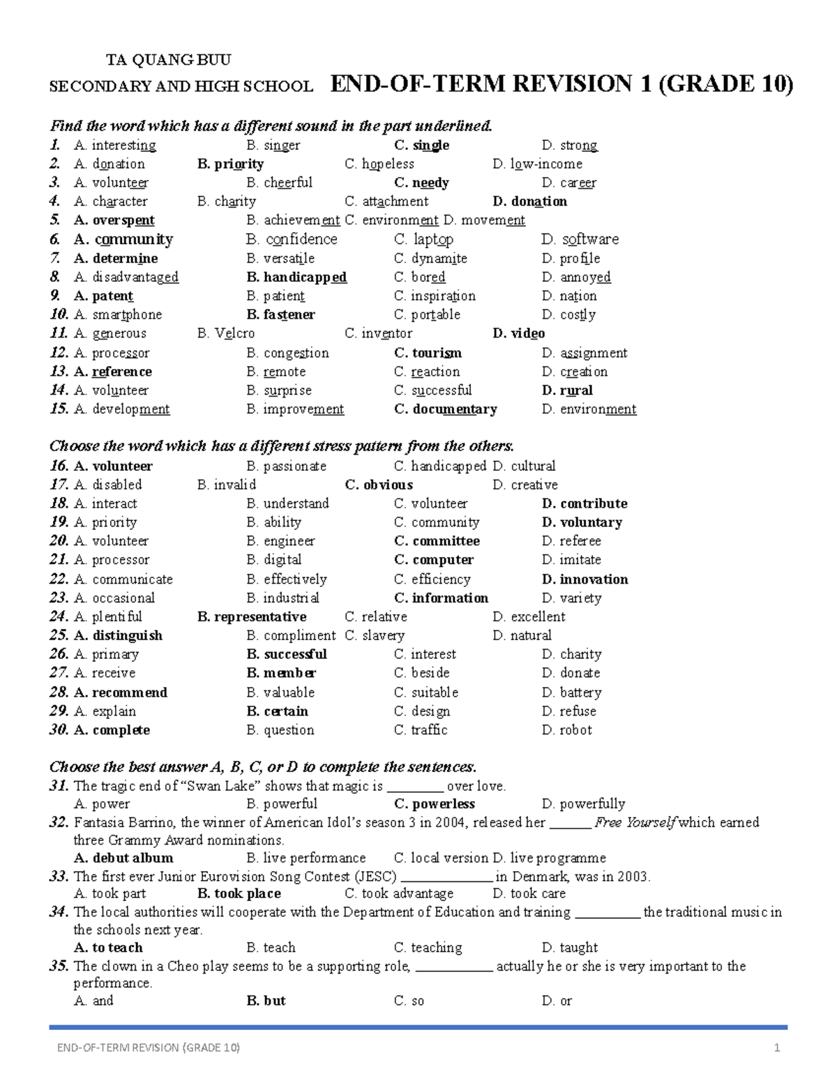 2022 2023 E10 EOT Revision 1 KEY - TA QUANG BUU SECONDARY AND HIGH ...