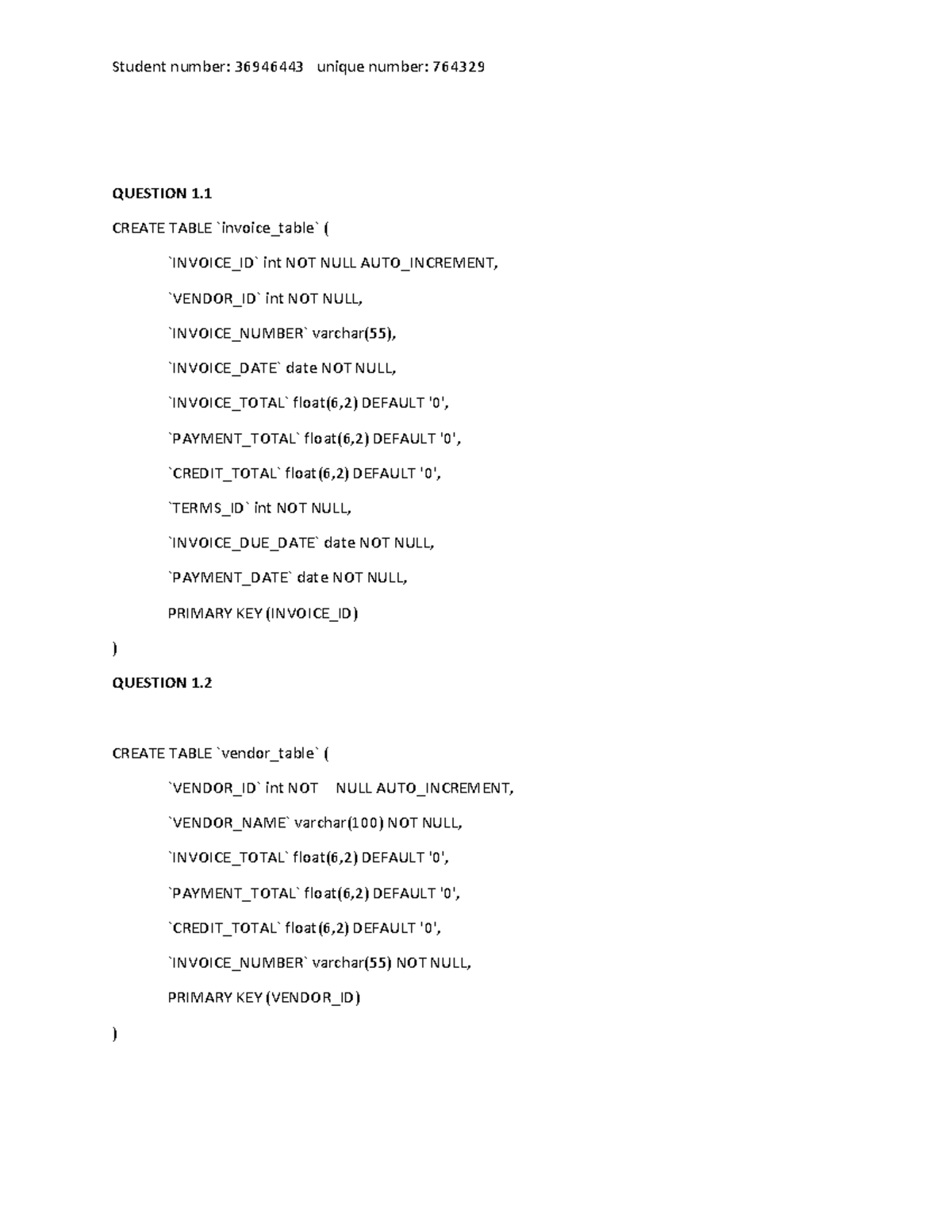 Assignment 02 - ASSIGNMET 02 MEMORADUM2 2024 - QUESTION 1. CREATE TABLE invoice_table ( INVOICE ...