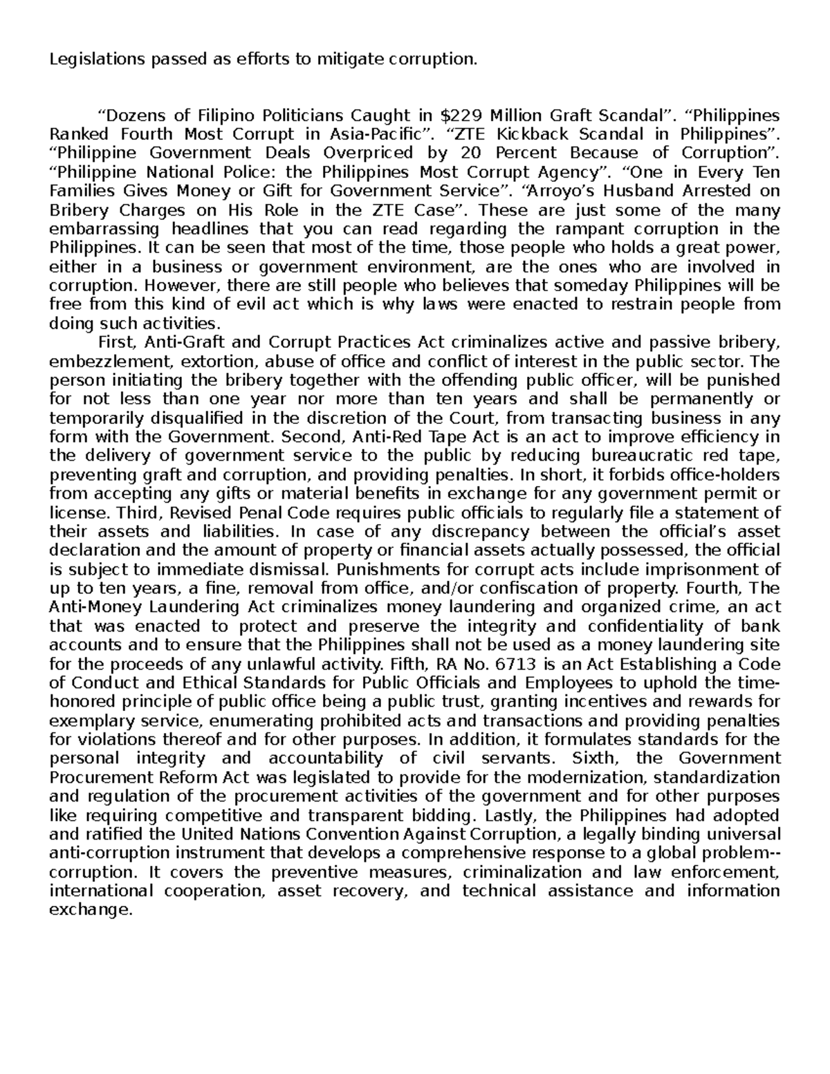 Audit 3 (corruption) - essay - Legislations passed as efforts to ...
