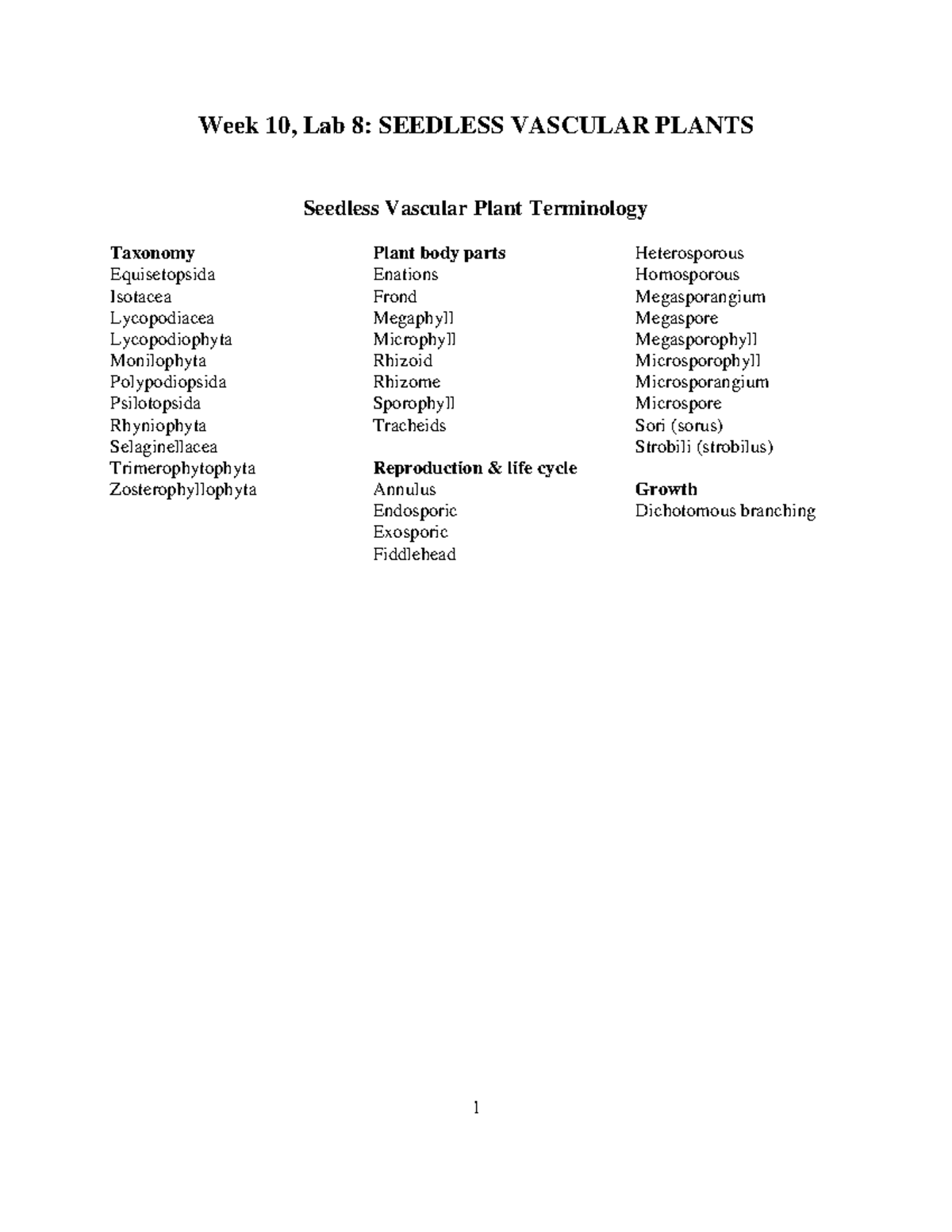 Week 10 Lab 8 Seedless Vascular Plants - Week 10, Lab 8: SEEDLESS ...