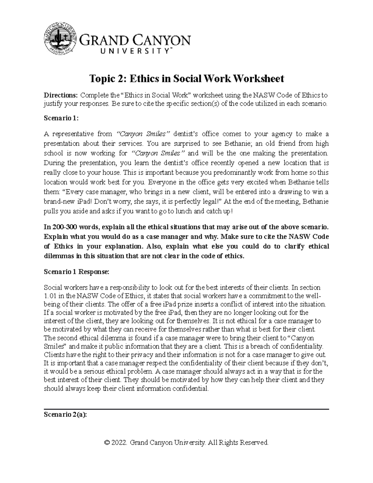 SOC 445 RS T2 Ethics Social Work Worksheet - Topic 2: Ethics in Social ...
