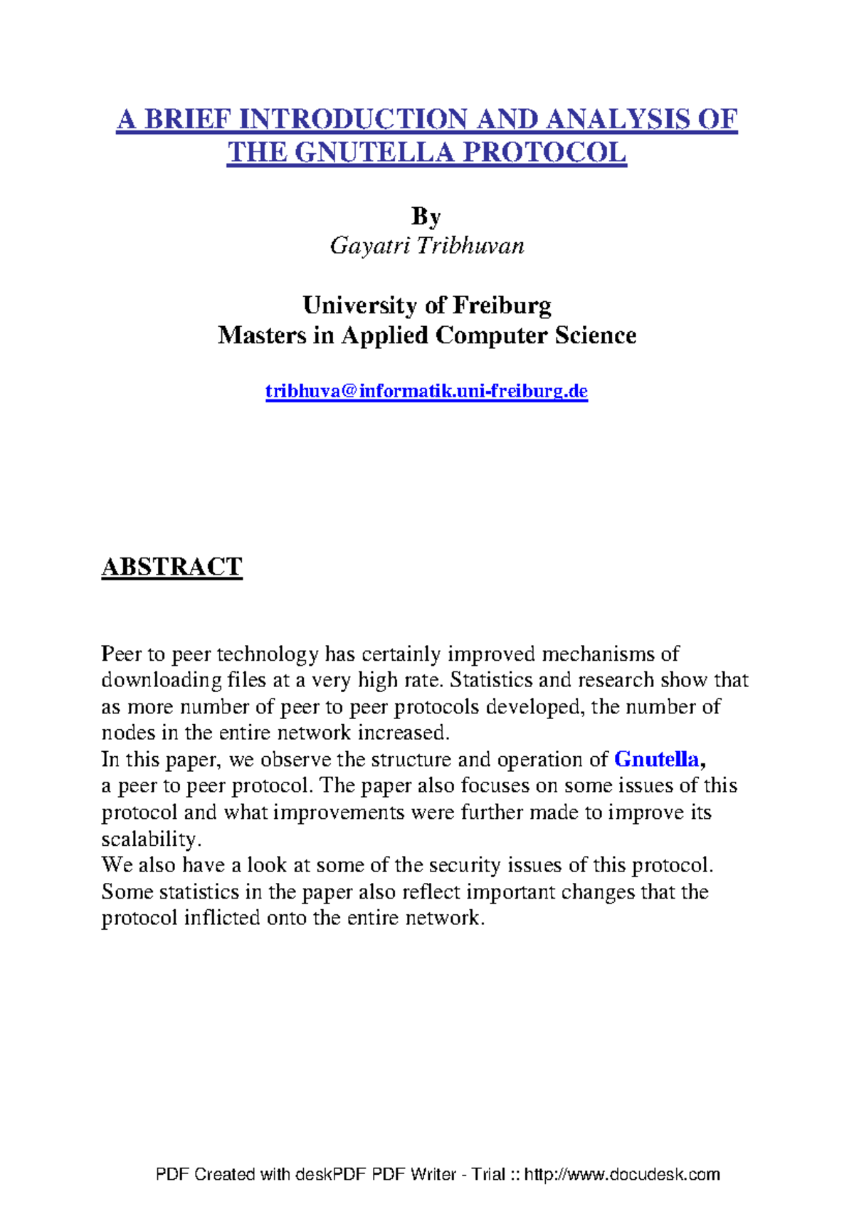 Gnutella - Lecture notes 1 - A BRIEF INTRODUCTION AND ANALYSIS OF THE ...