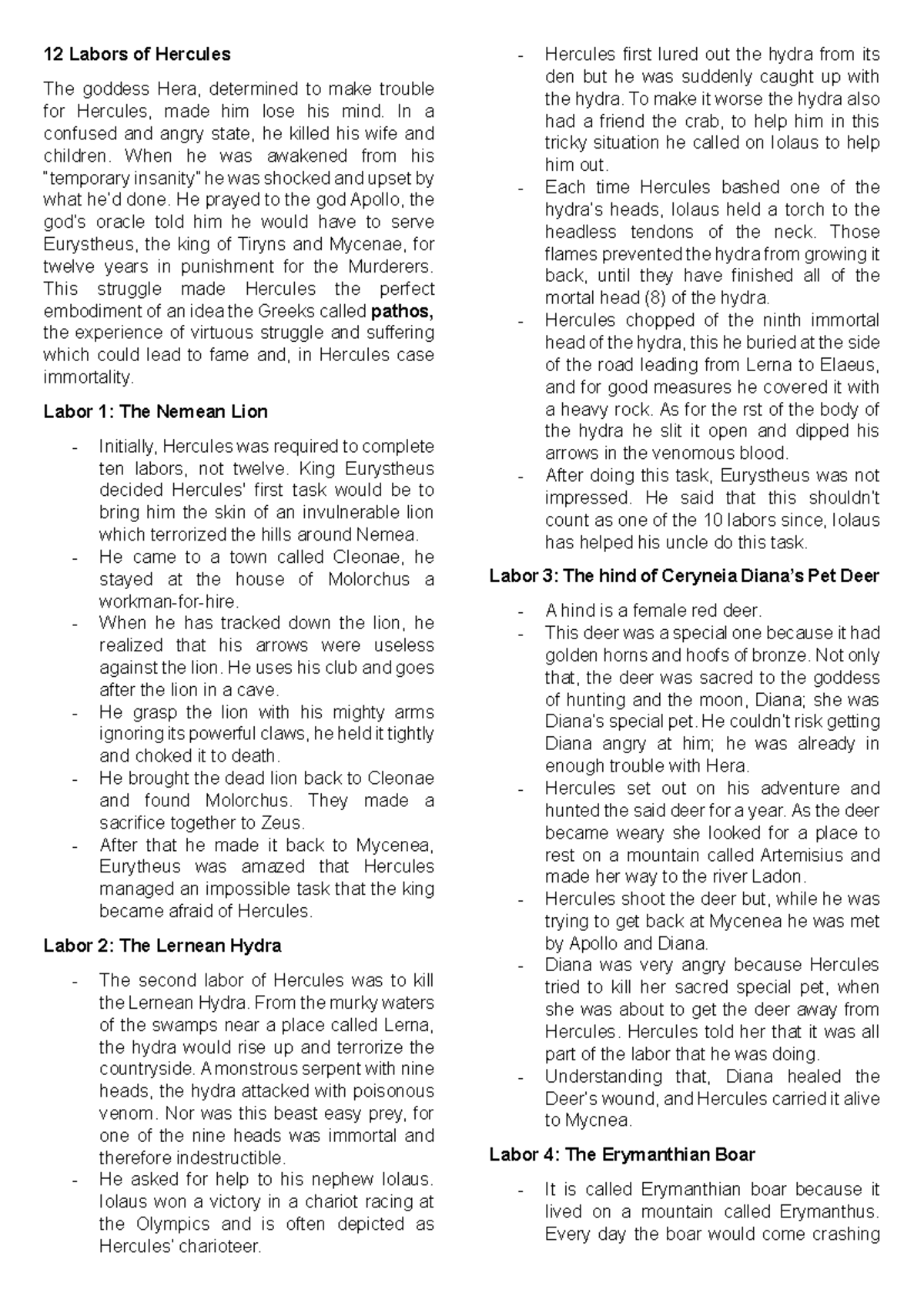 12 Labors of Hercules - Summary Mythology - 12 Labors of Hercules The ...