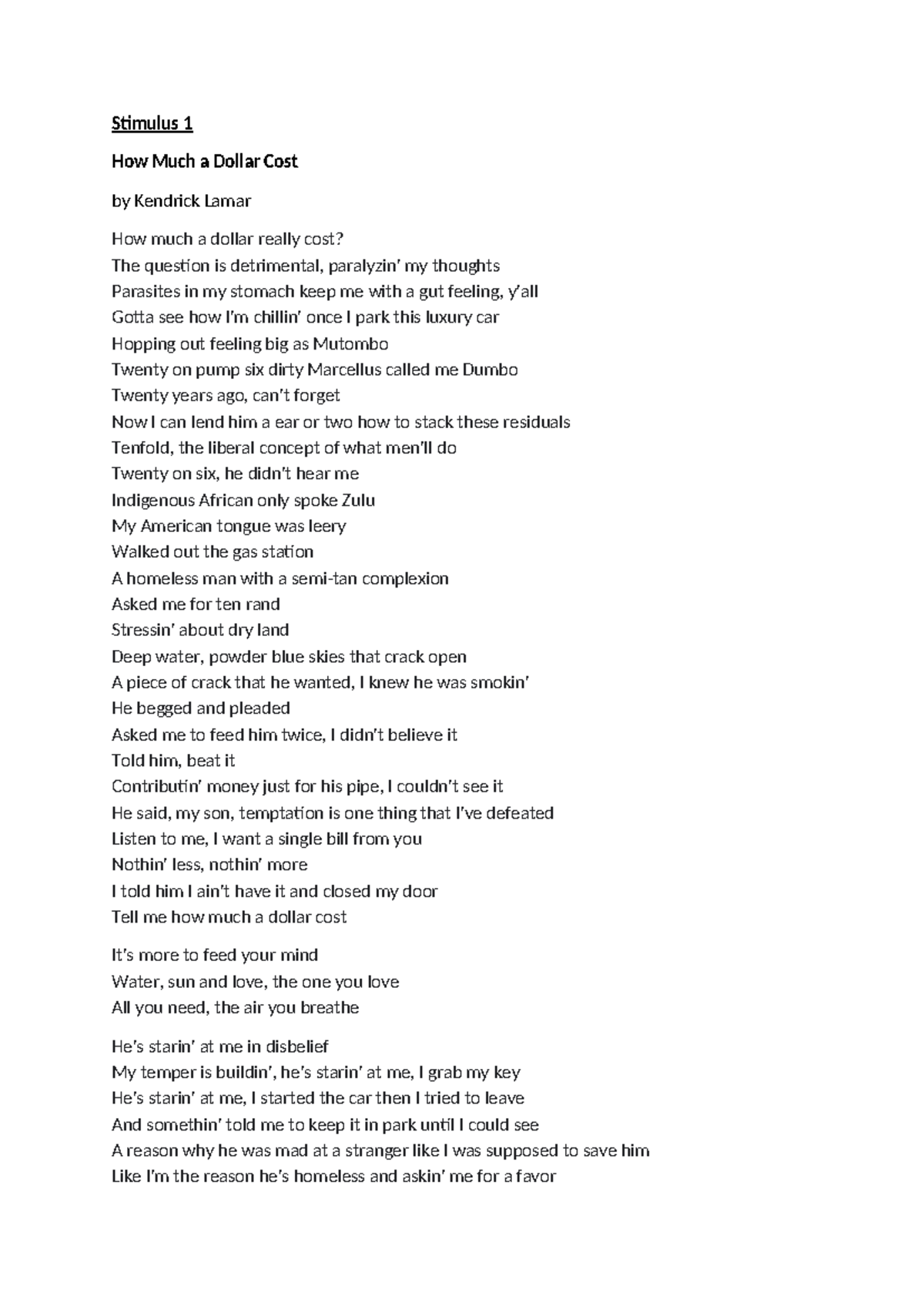 Lyric Stimulus - Stimulus 1 How Much a Dollar Cost by Kendrick Lamar ...