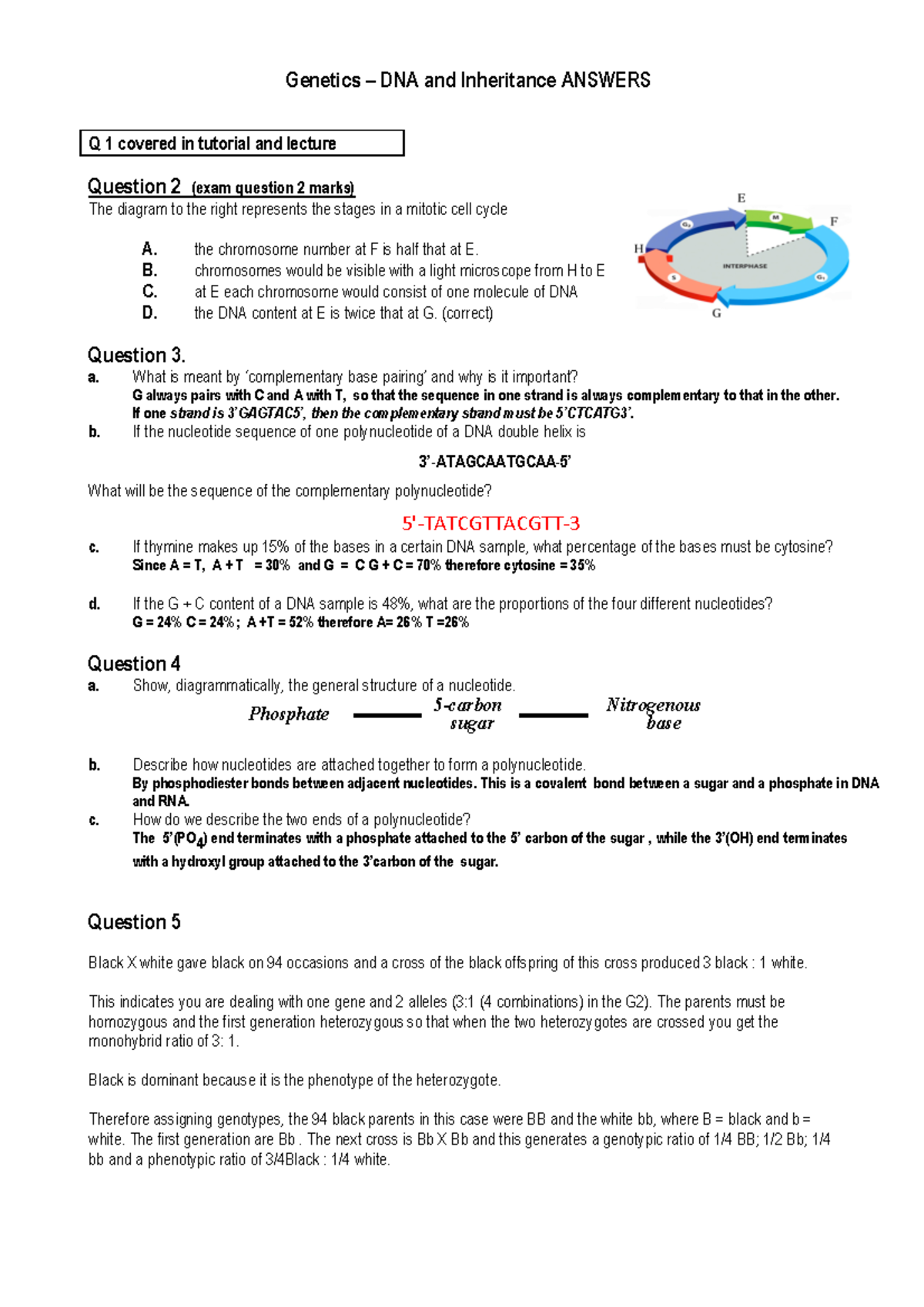 BIOL10005 Tutroial ans 2019 .module 1 - Genetics – DNA and Inheritance ...