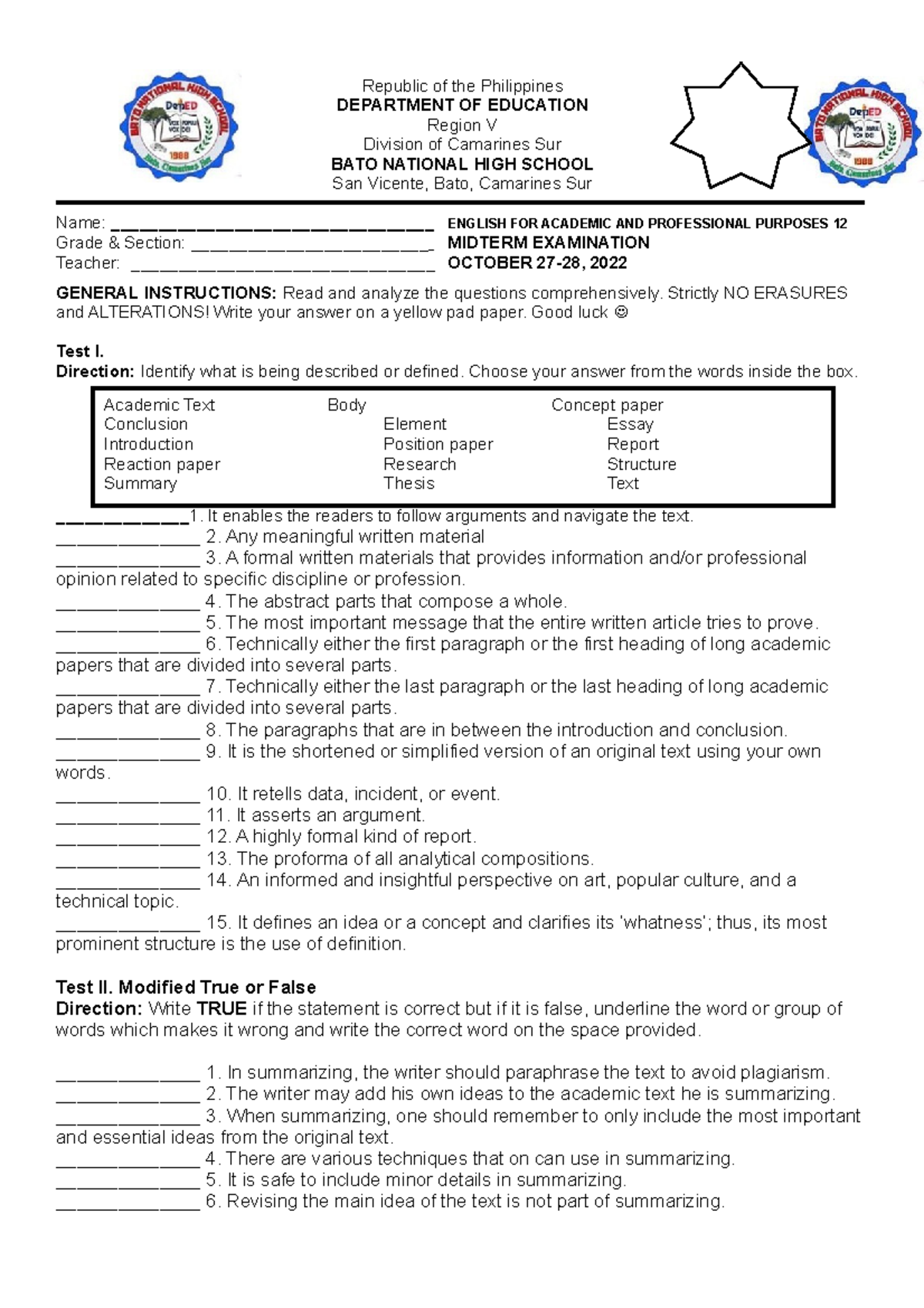 Midterm EAPP - SAMPLE TEST QUESTIONS - Republic of the Philippines ...