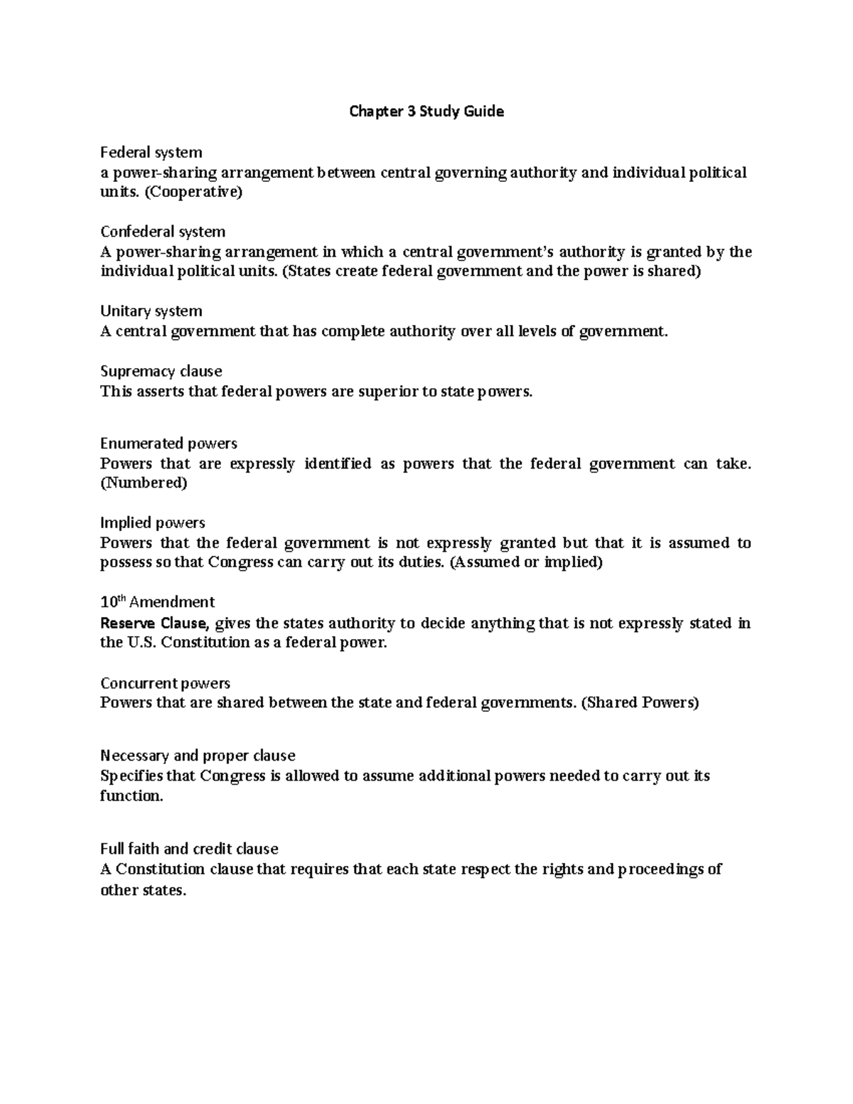 Chapter 3 Study Guide (Answered) - Chapter 3 Study Guide Federal system ...