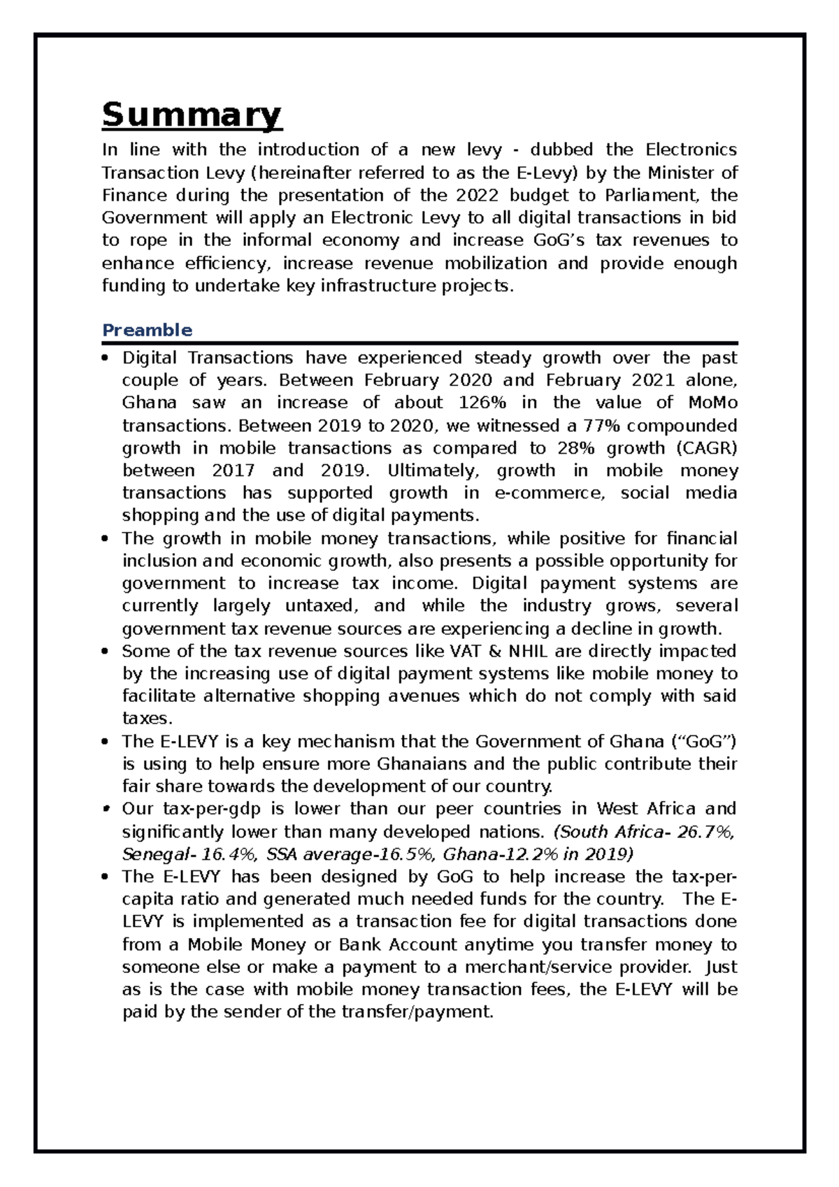 E-Levy Draft v1 - Summary In line with the introduction of a new levy ...