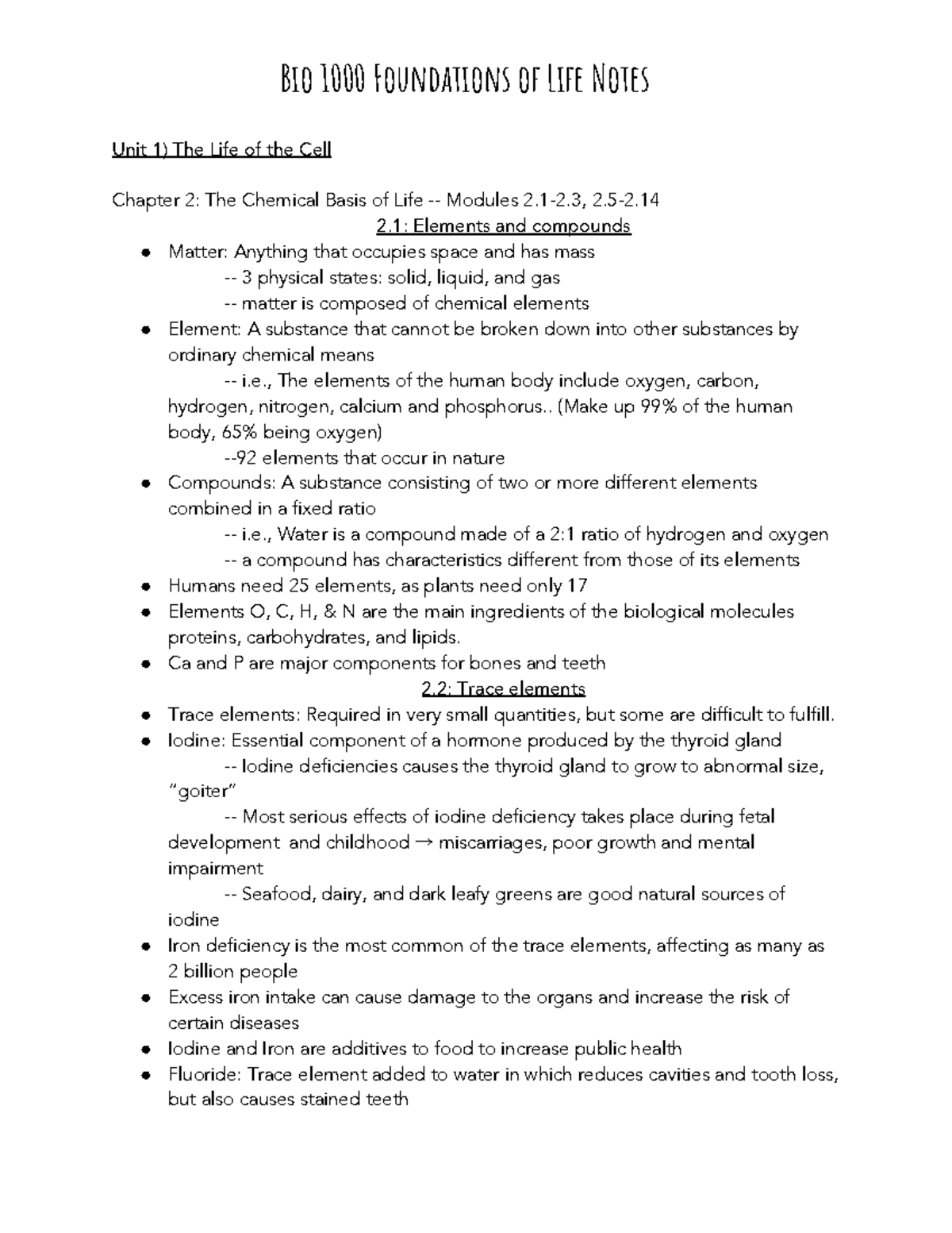 Bio 1000 notes - Unit 1) The Life of the Cell Chapter 2: The Chemical ...