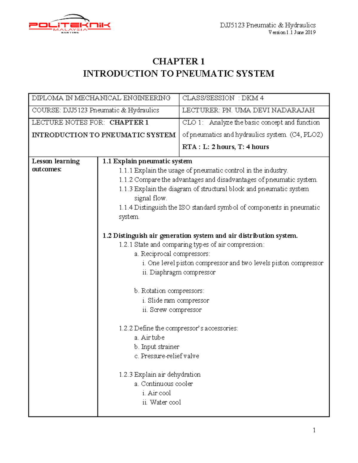 Chapter 1 - Pneumatic & Hydraulic - Version 1 June 2019 CHAPTER 1 INTRODUCTION TO PNEUMATIC ...