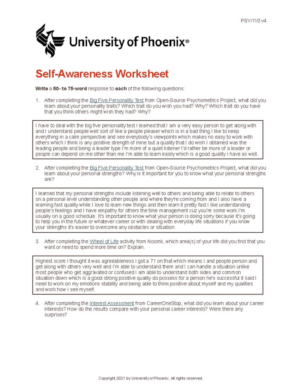 Wk1 self awareness worksheet - PSY/110 v Self-Awareness Worksheet Write ...
