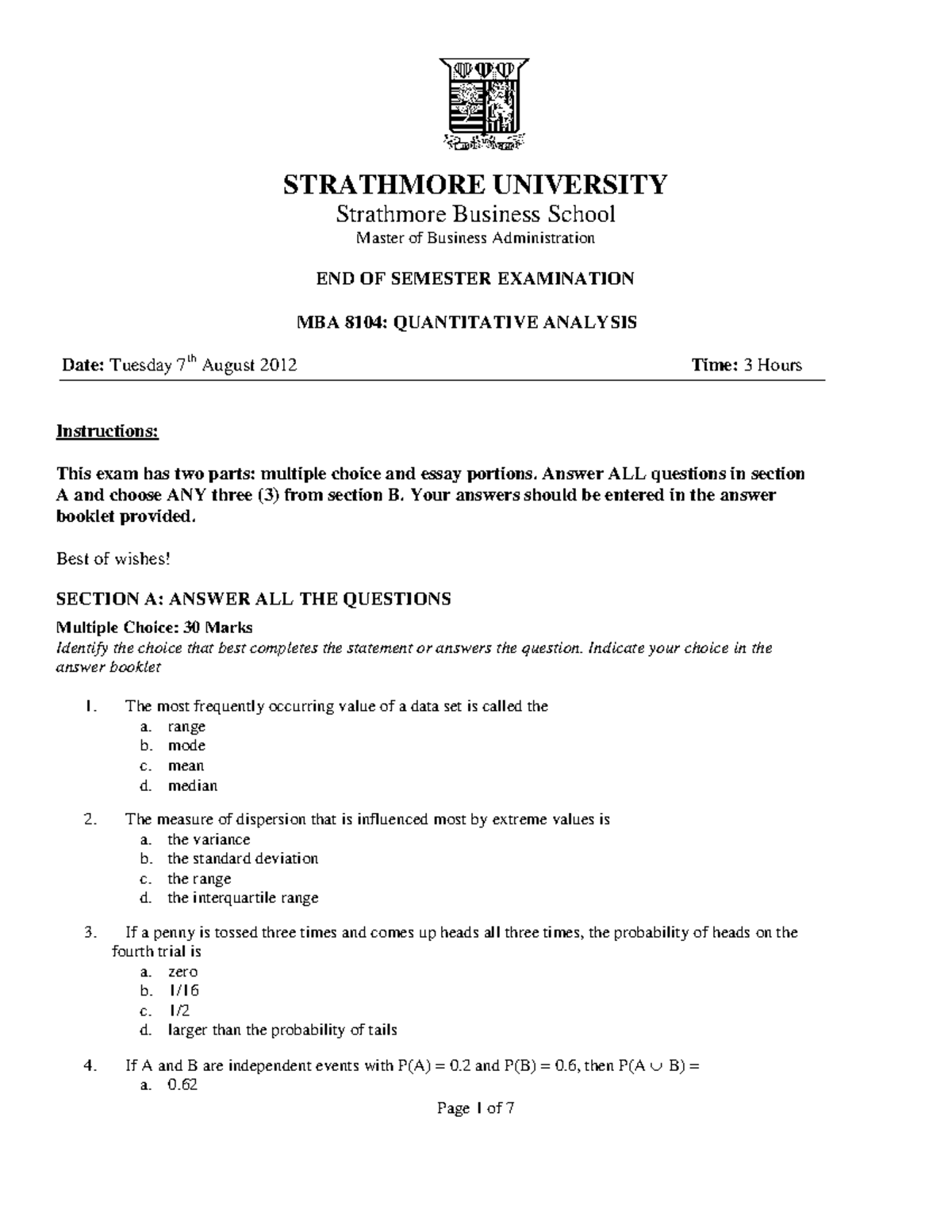MBA 8104 Final Exam - sample of the questions - Quantitative Methods ...