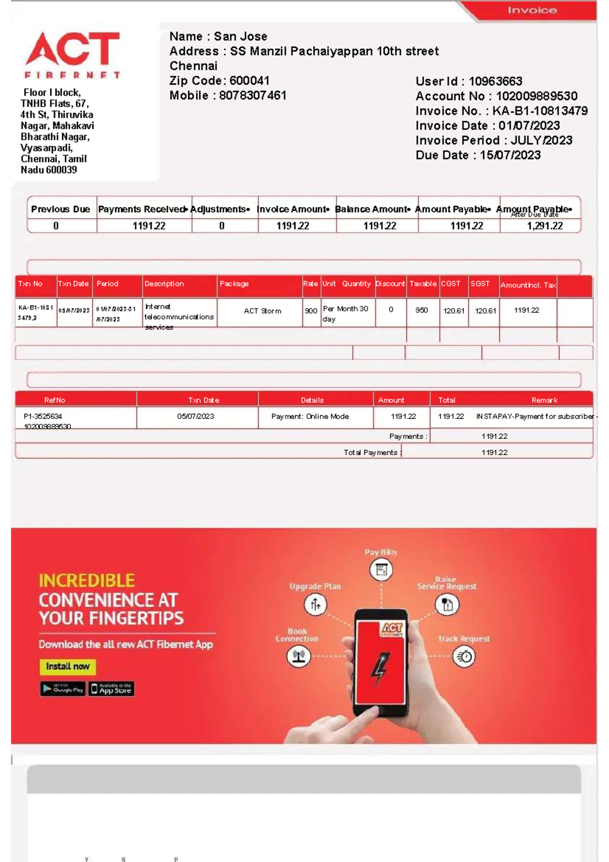 July bill - Name : San Jose Chennai Zip Code: 600041 Mobile ...
