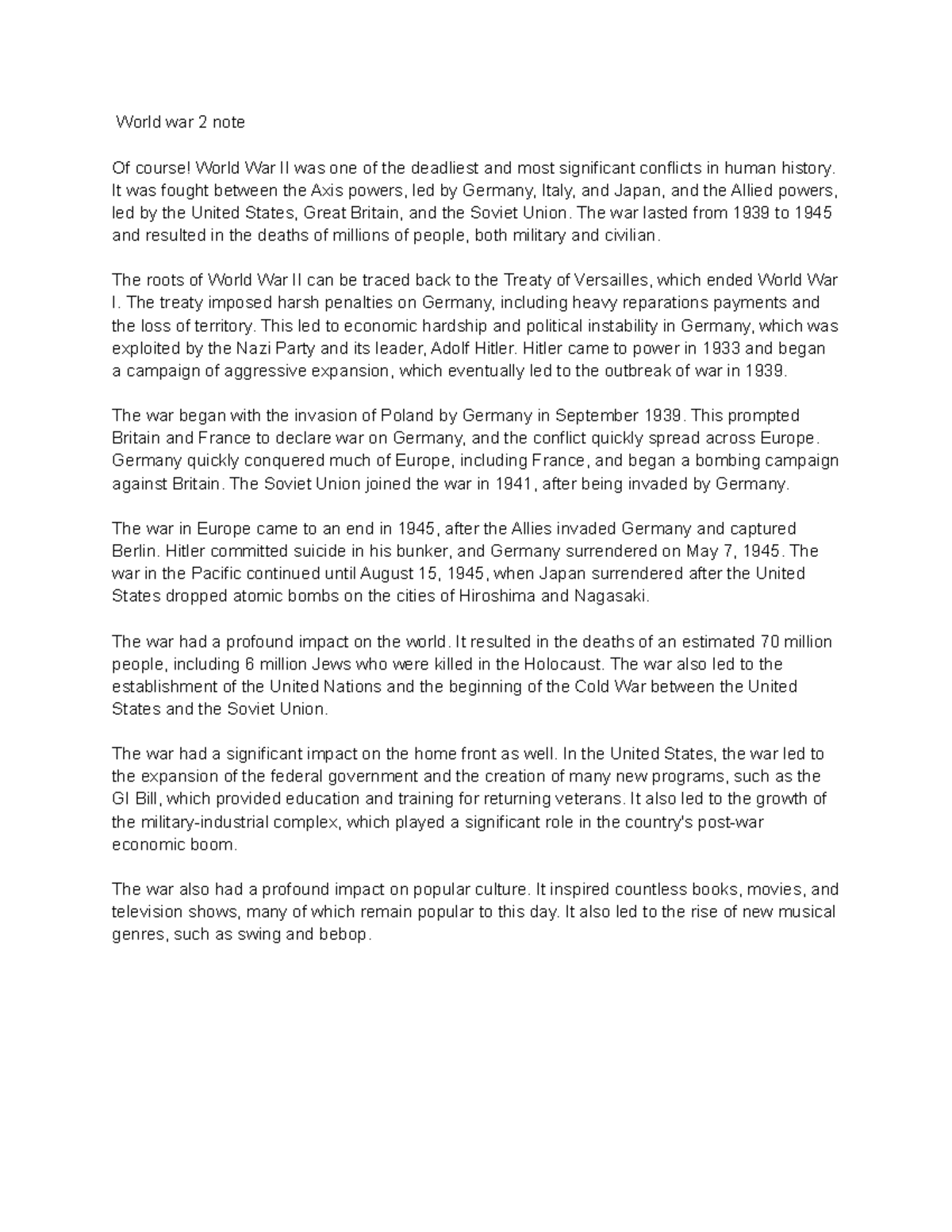 World War 2 notes - World war 2 note Of course! World War II was one of ...