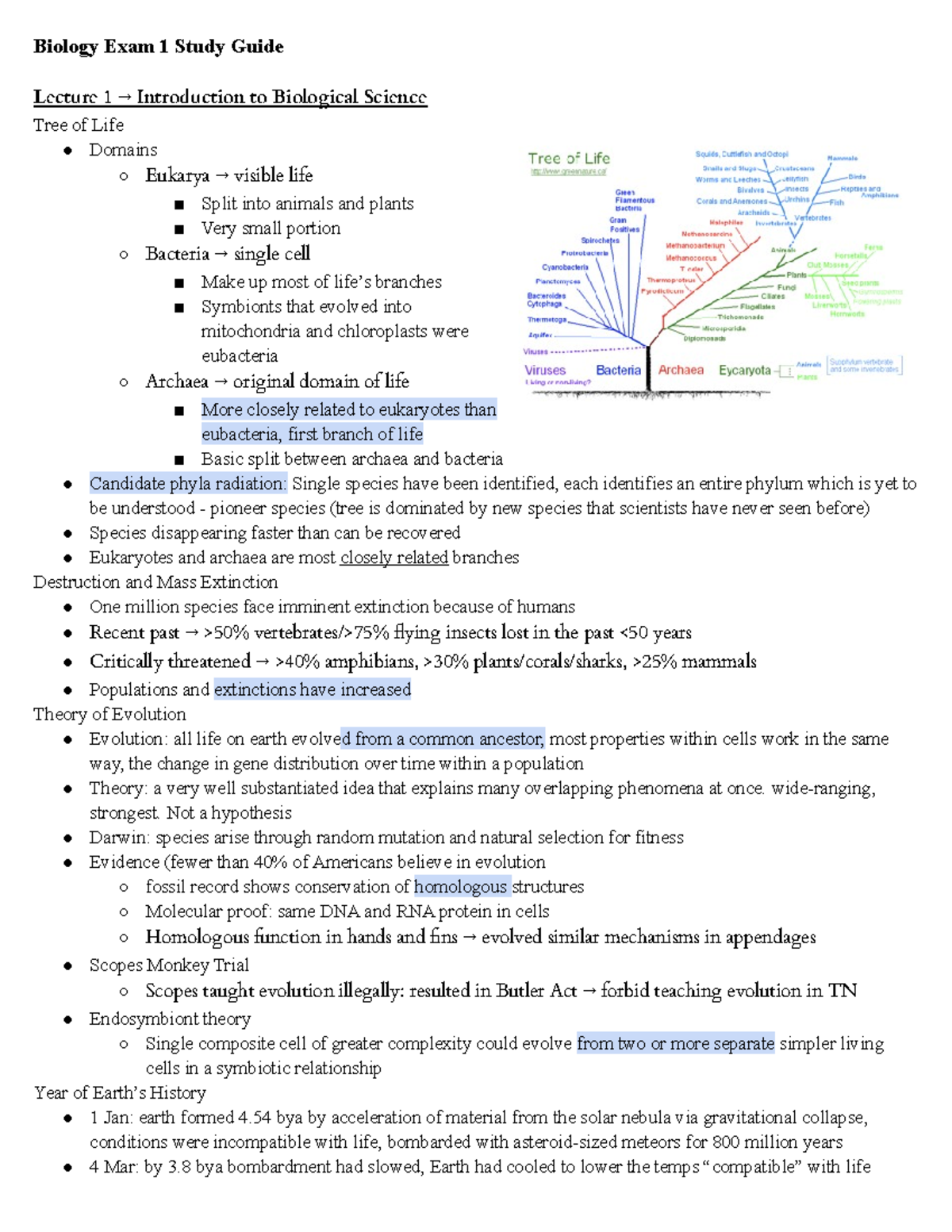 Biology Study Guide Exam 1 Biology Exam 1 Study Guide Lecture 1 