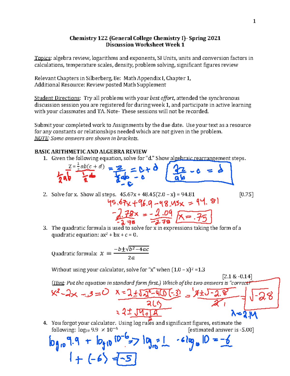Week 1 Discussion Worksheet - 1 Chemistry 122 (General College Chemistry I)- Spring 2021 ...