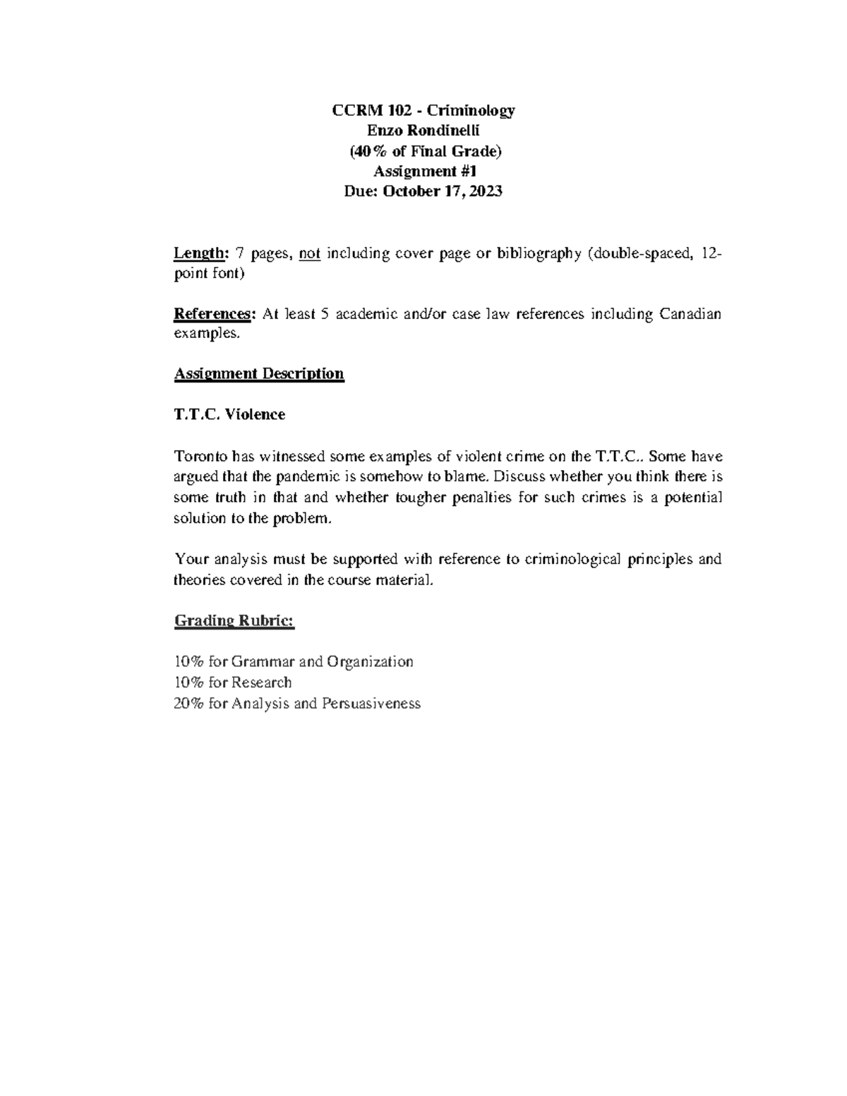 Assignment.1 - essay assignment - CCRM 102 - Criminology Enzo ...